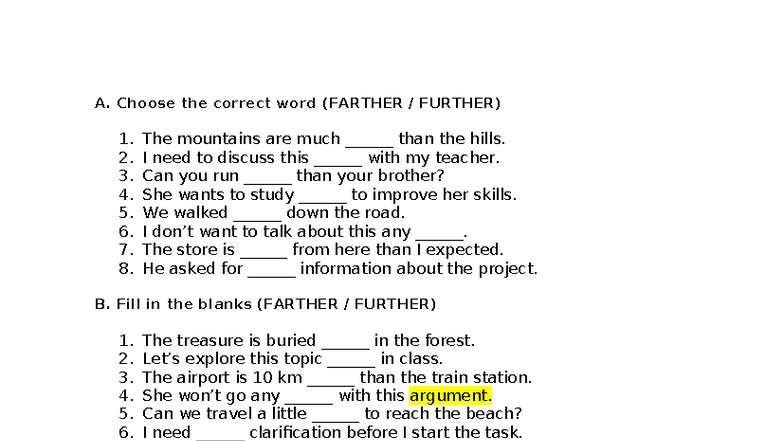 Farther and Further Grammar Exercises - ENG101 - Studocu