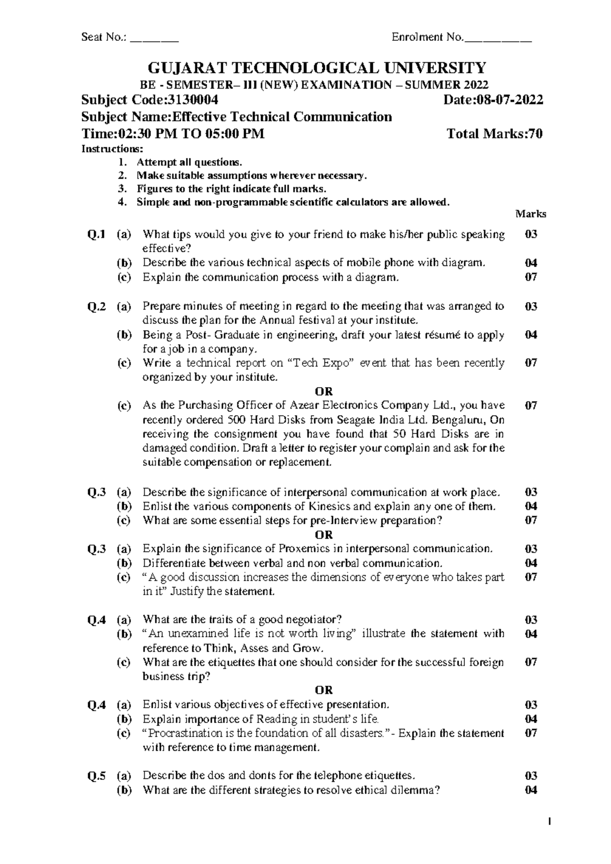 ETC - ETC GTU Old Papers - Seat No.: ________ Enrolment No ...