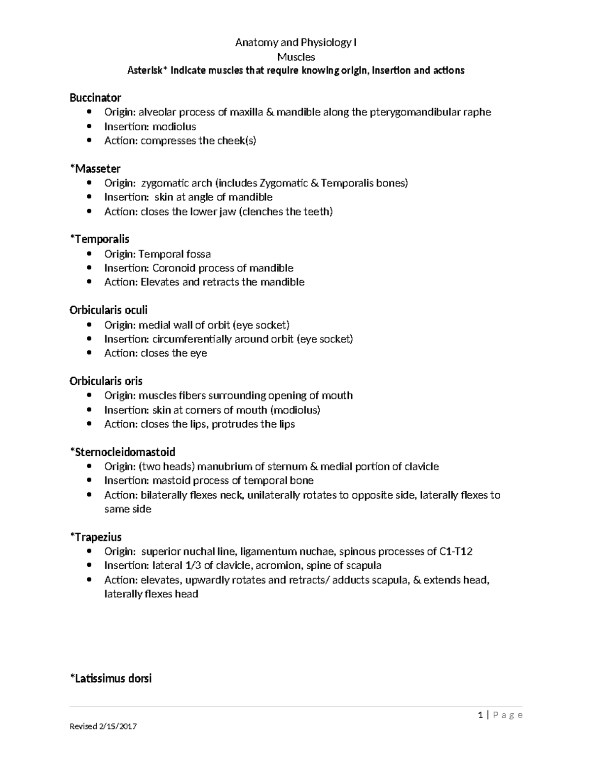 Revised Anatomy and Physiology I: Updated Muscle List with Origins ...