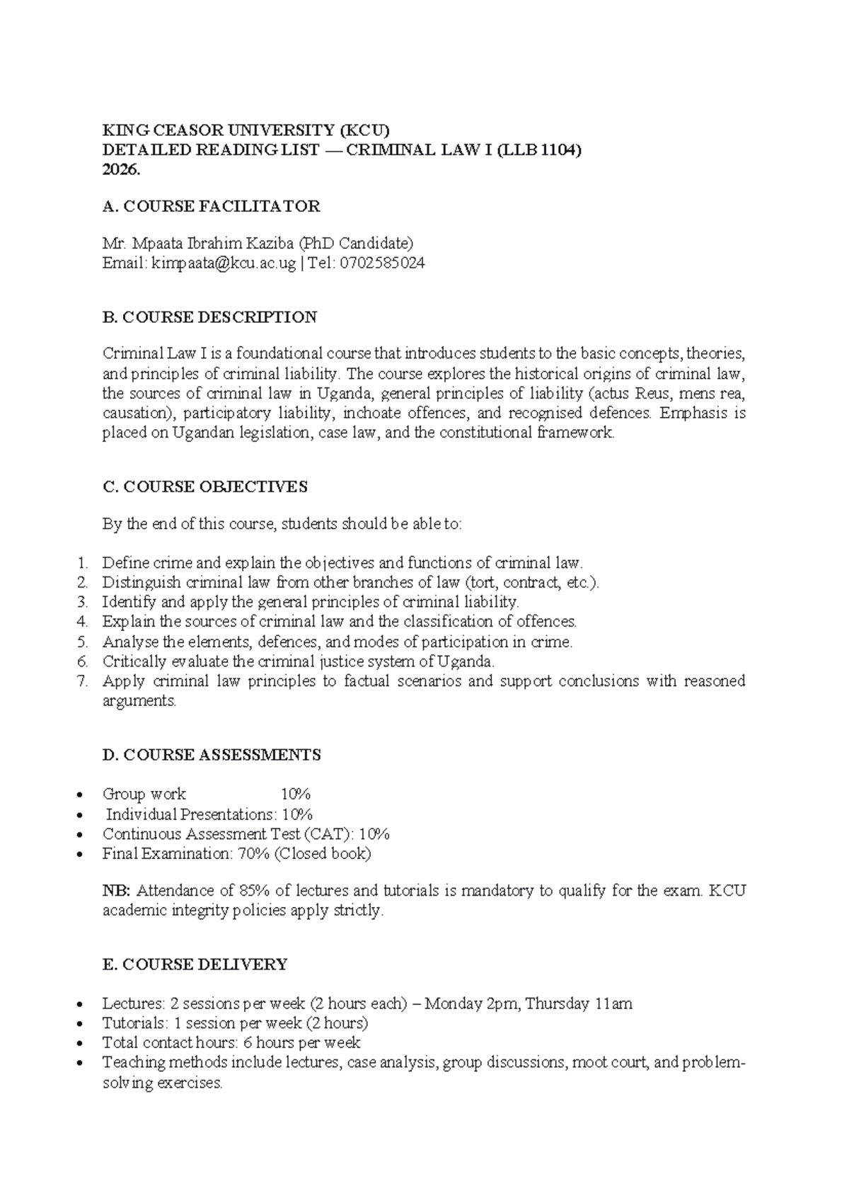 KCU Criminal Law I (LLB 1104) Detailed Reading List 2026 - Studocu