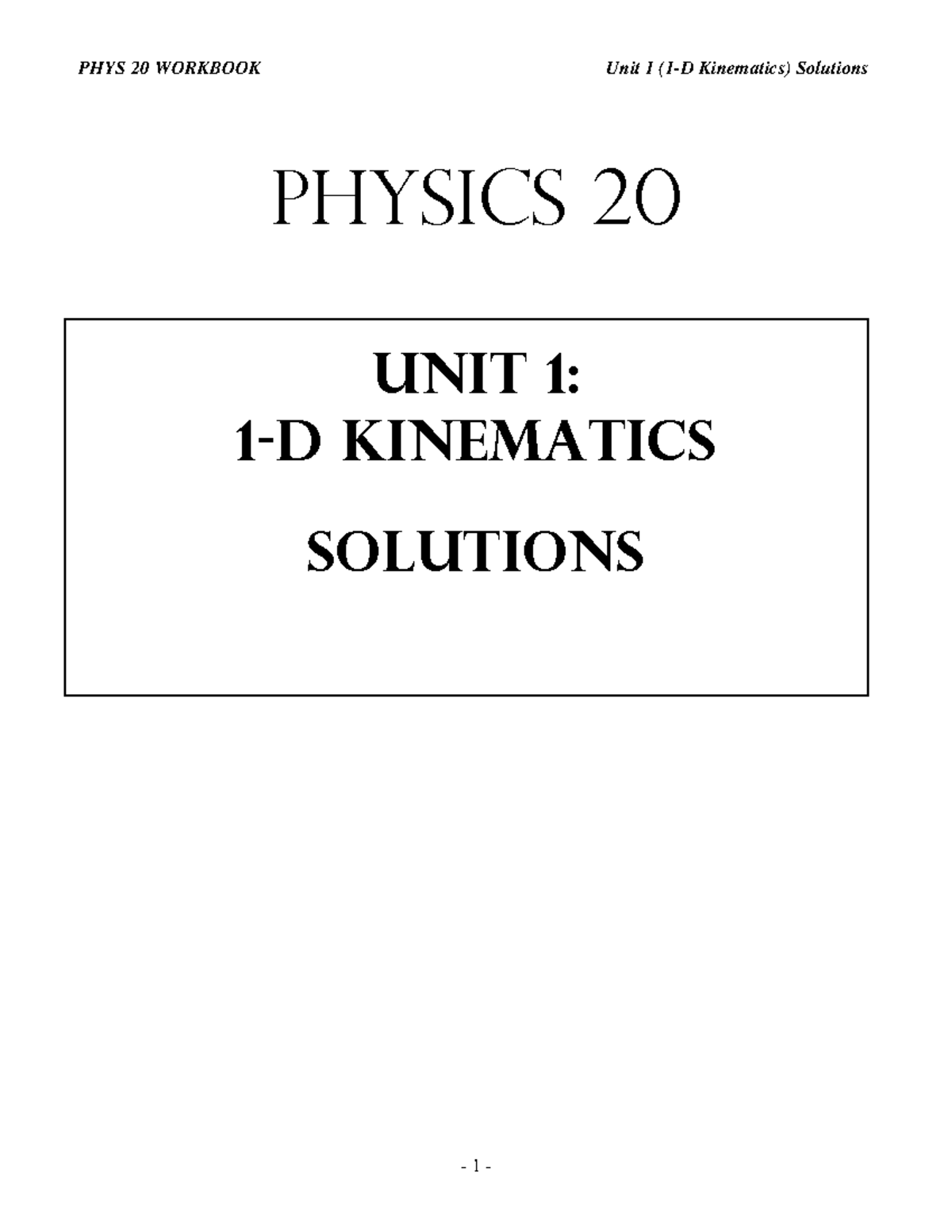 PHYS 20 WORKBOOK Unit 1: Kinematics Solutions and Examples - Studocu