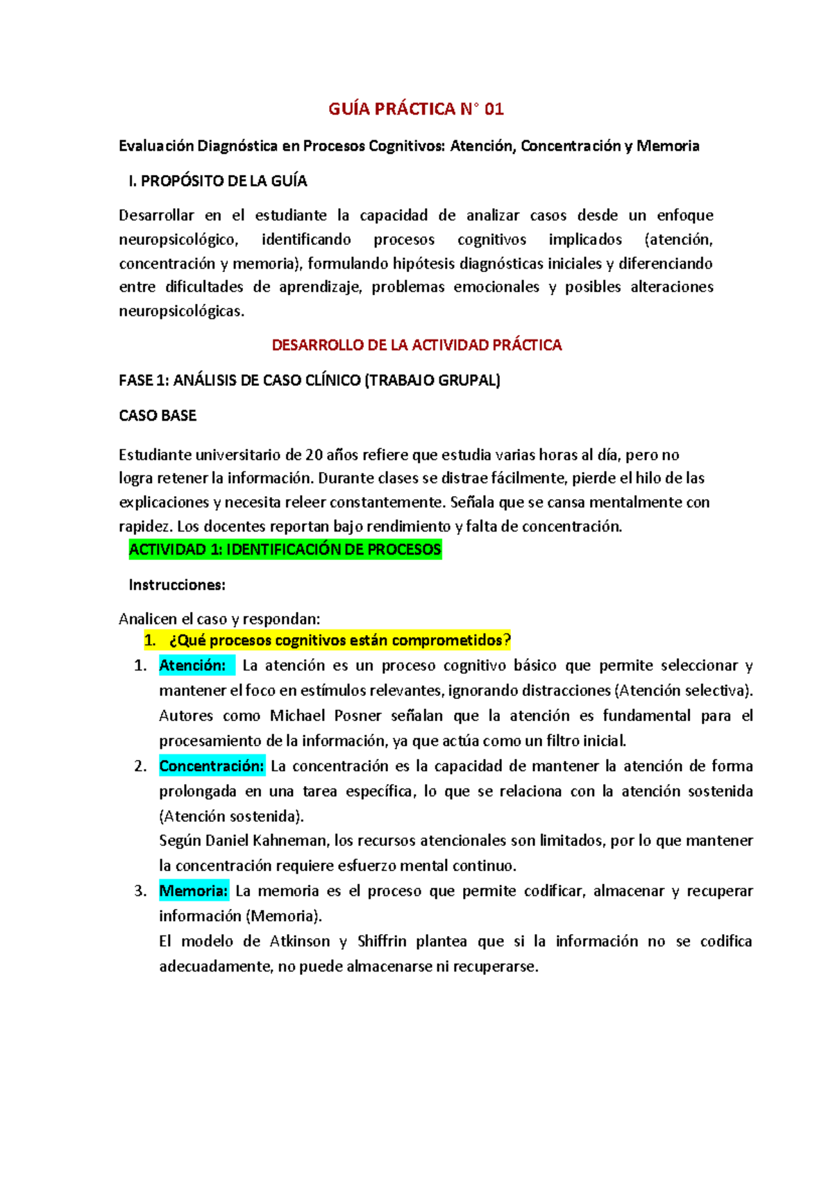 GUÍA PRÁCTICA 01: Evaluación Diagnóstica en Procesos Cognitivos I - Studocu