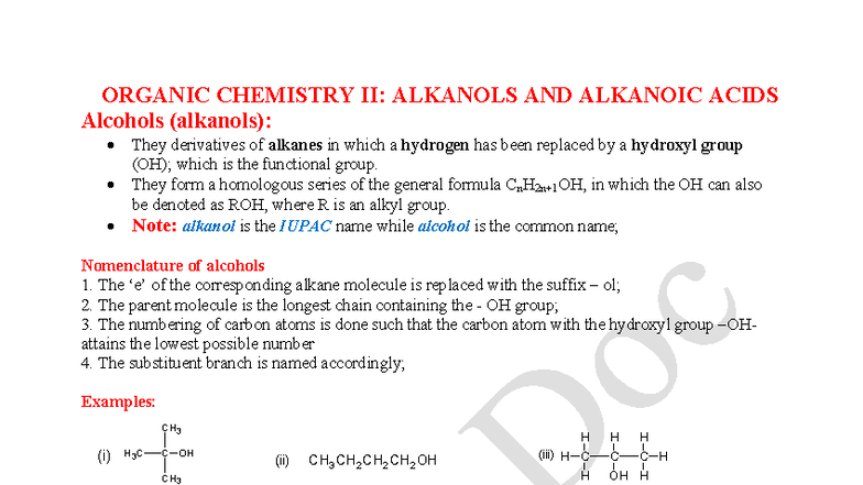Organic Chemistry II: Alkanols and Alkanoic Acids Overview - Studocu