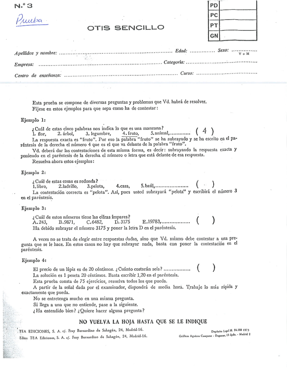 Test de Inteligencia General OTIS SENCILLO - Ejercicios y Corrección ...