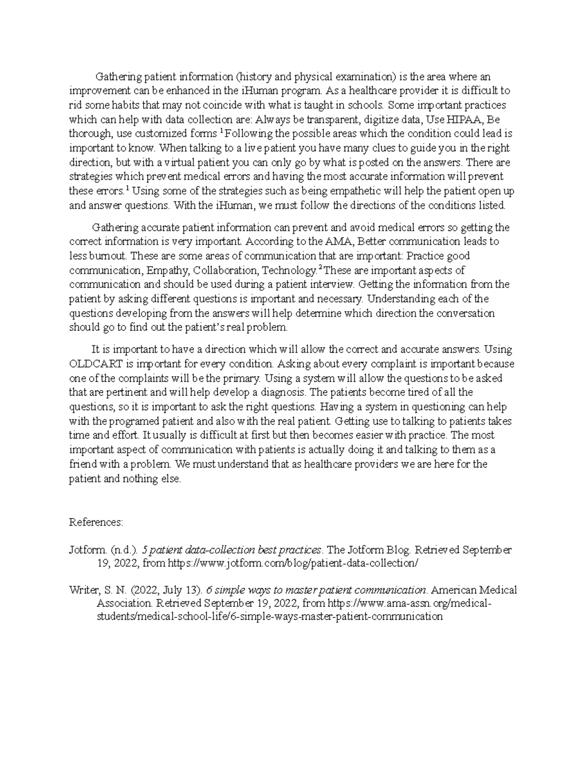 Reflection - iHuman Patient Info & Communication Strategies - Studocu