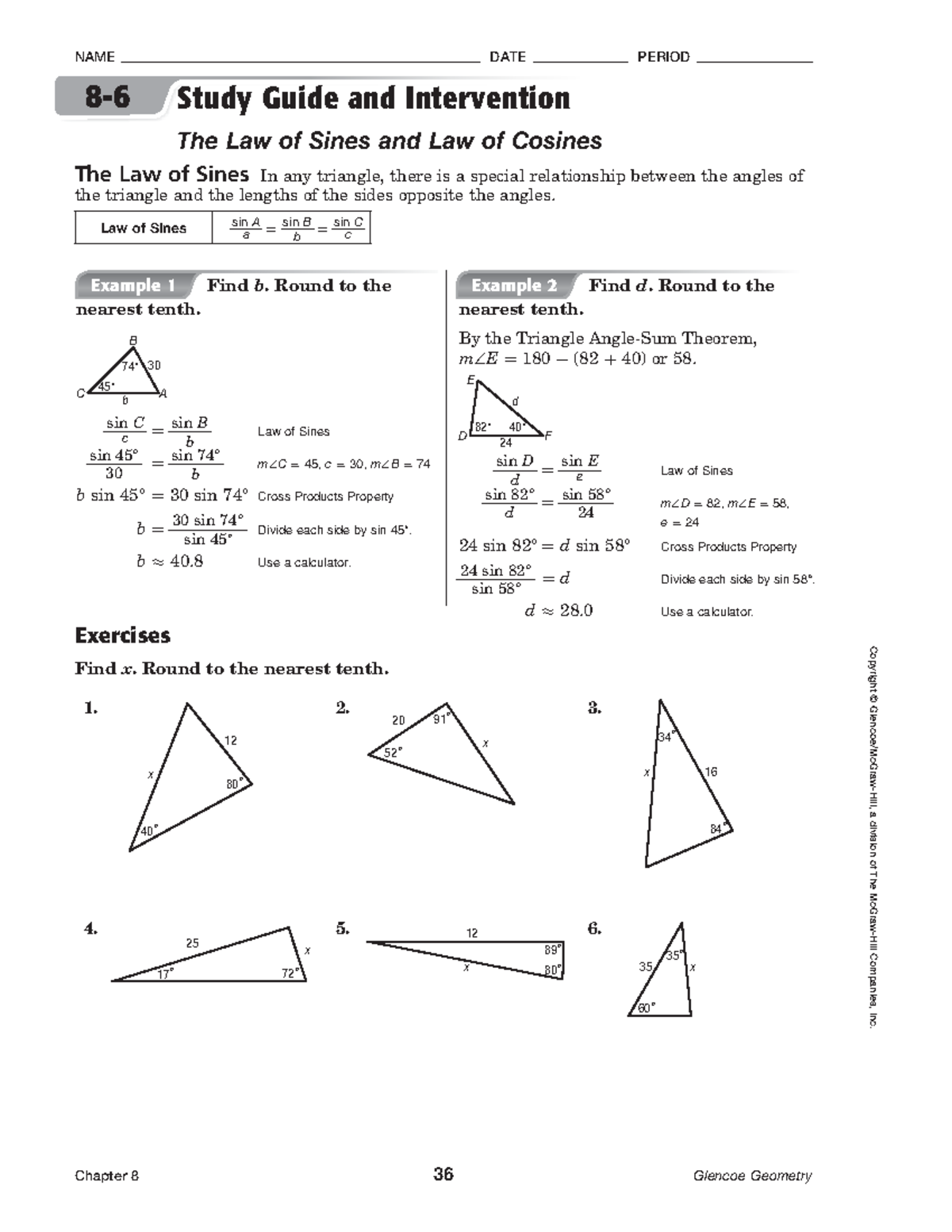 Chapter 8 Study Guide: Law of Sines & Cosines - Glencoe Geometry - Studocu