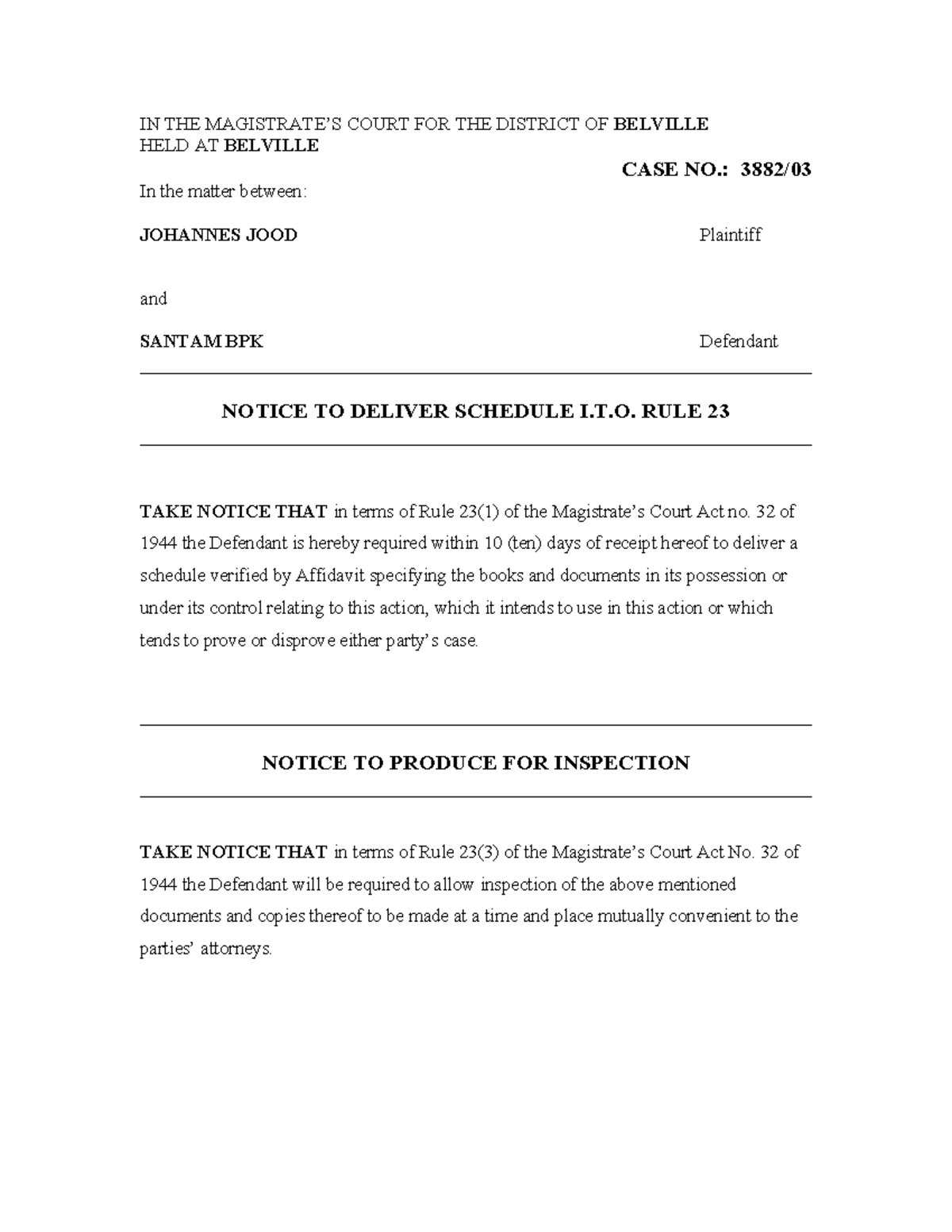Magistrate Court Case No. 3882 Rule 23 Compliance Notice - Studocu