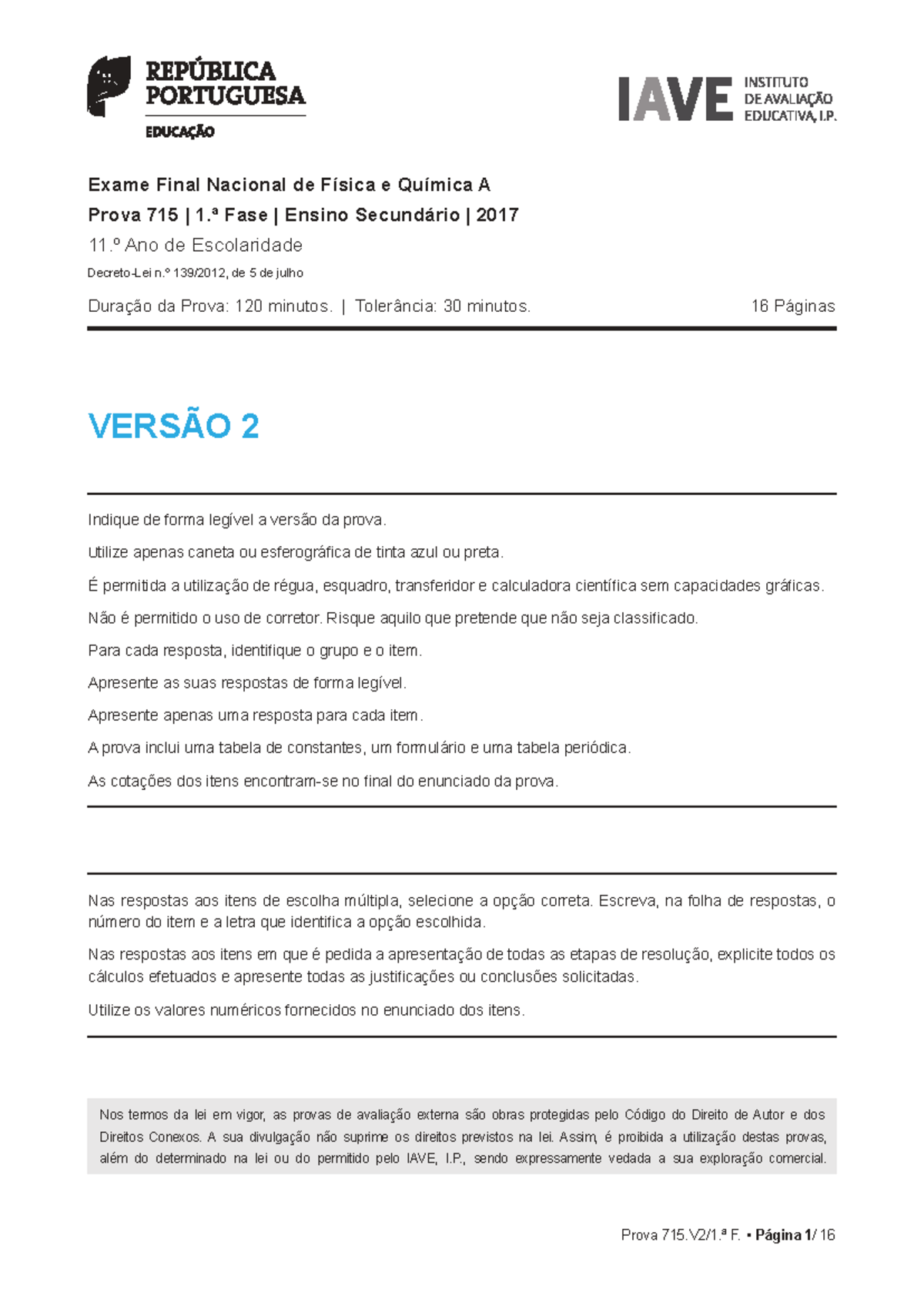 Exame Final de Física e Química A - Prova 715 - 1.ª Fase 2017 - Studocu