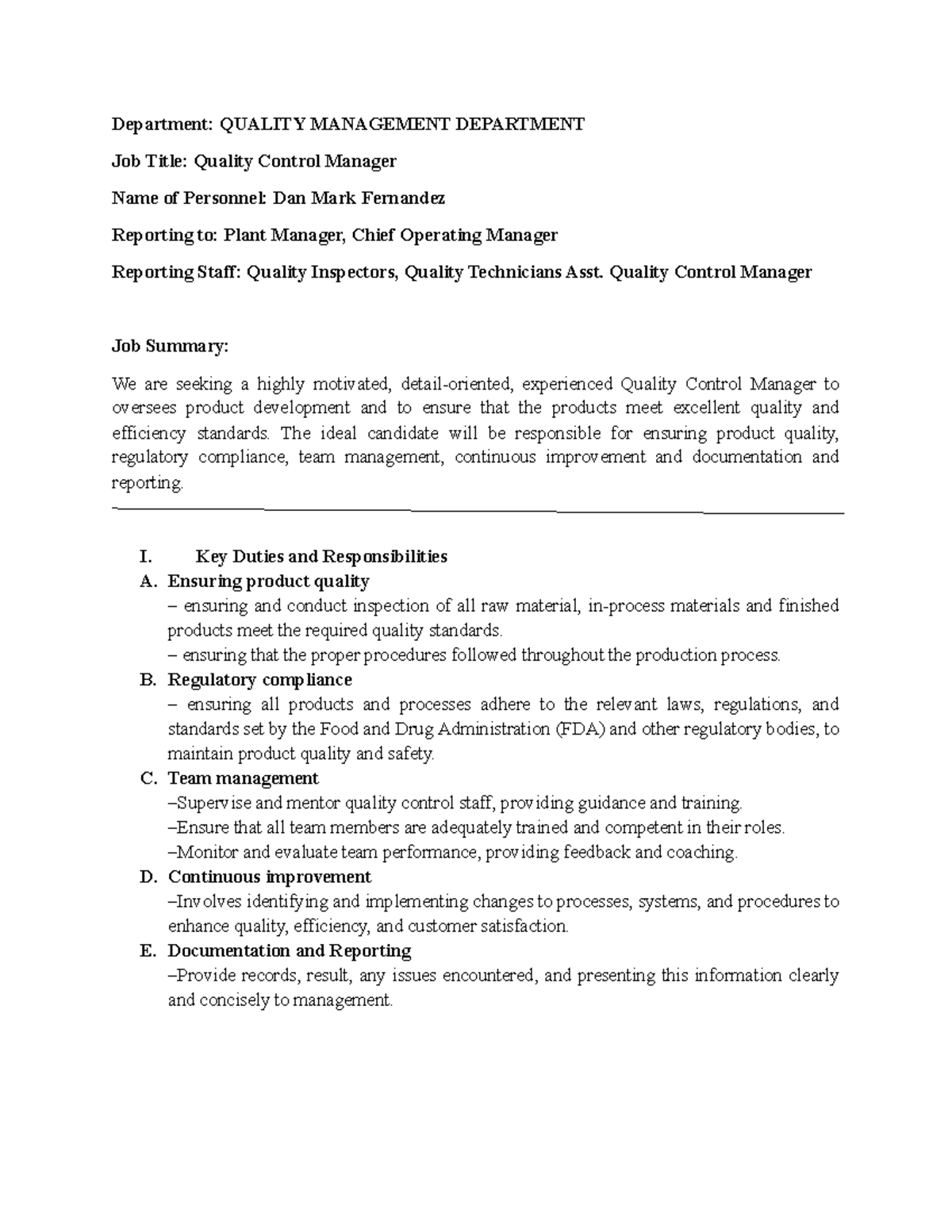 Quality Control Manager Job Summary - Quality Management Dept. - Studocu