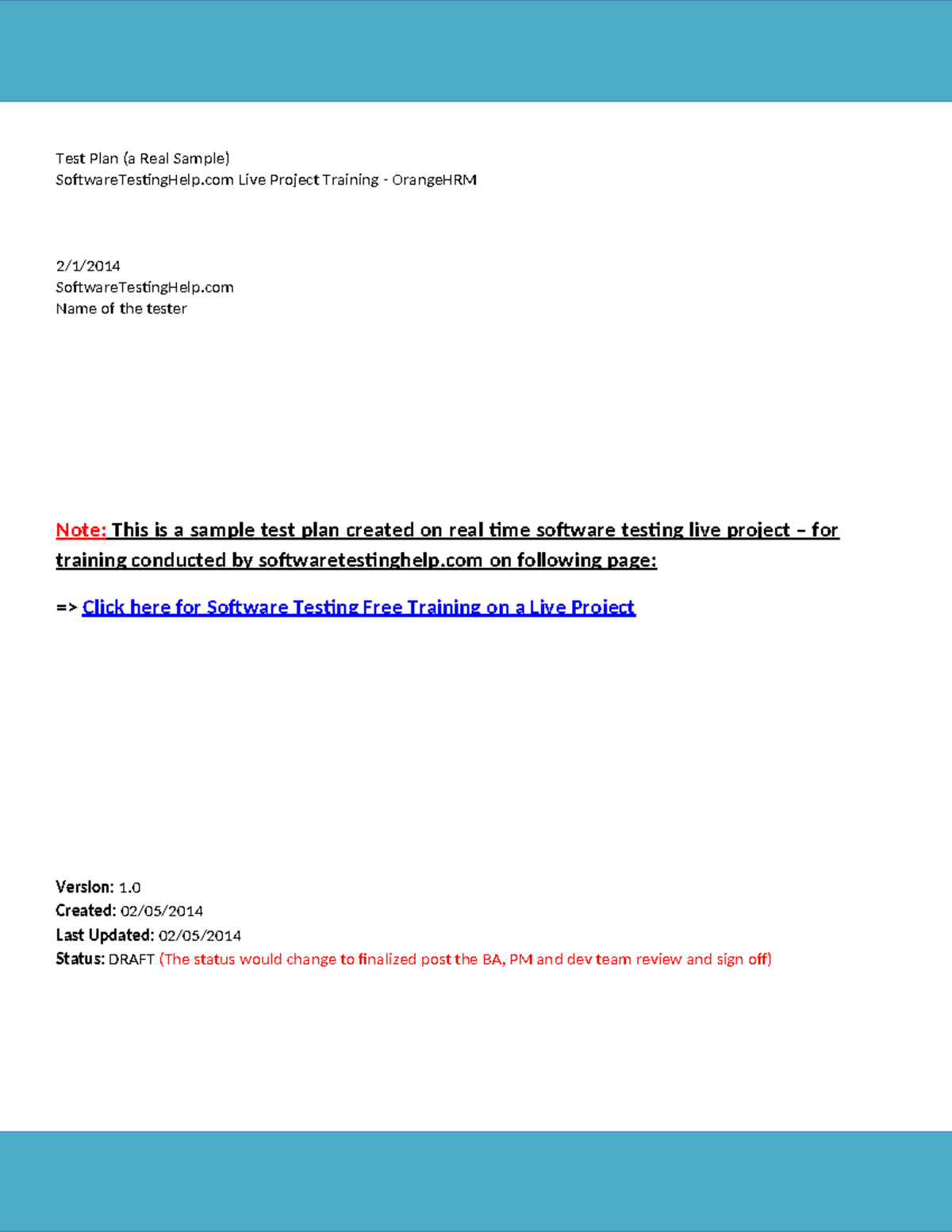 Sample Test Plan for OrangeHRM Live Project Training (Version 1.0 ...