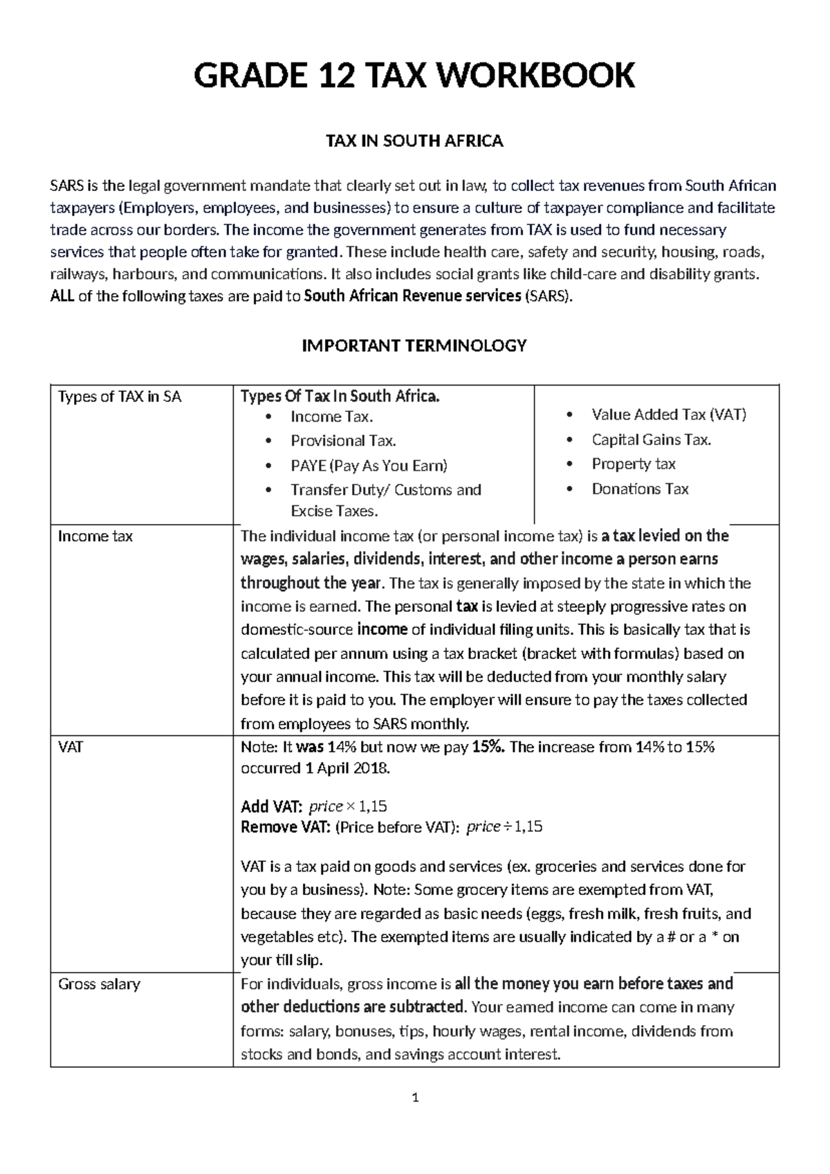 Grade 12 Income Tax Study Guide Workbook: Key Concepts & Calculations ...
