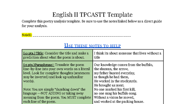 English II TPCASTT Analysis Template: "Without Title" Poem - Studocu