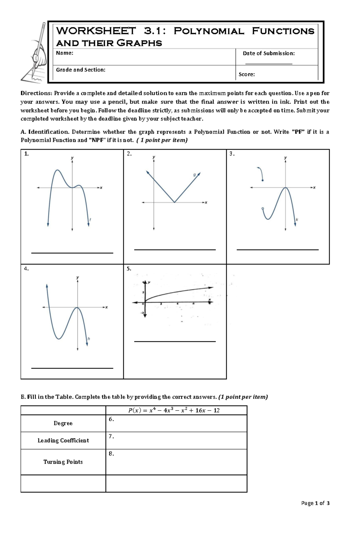 Worksheet 3.1 Polynomial Functions and Their Graphs - Page 1 of 3 ...