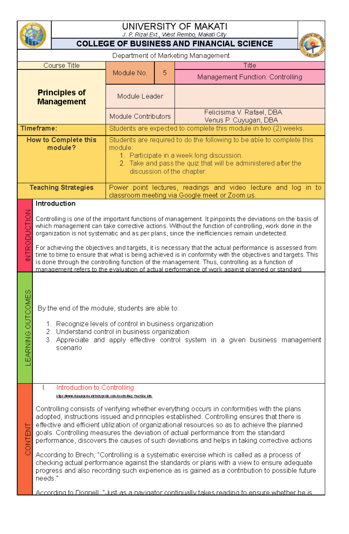 Module 5 Management Function- Controlling - UNIVERSITY OF MAKATI J. P ...
