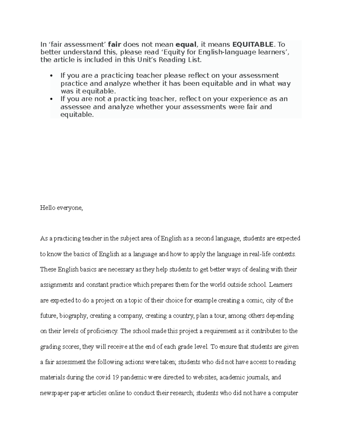 EDUC 5440 UNIT 8 Fair Assessment in ESL Teaching Practices - Studocu