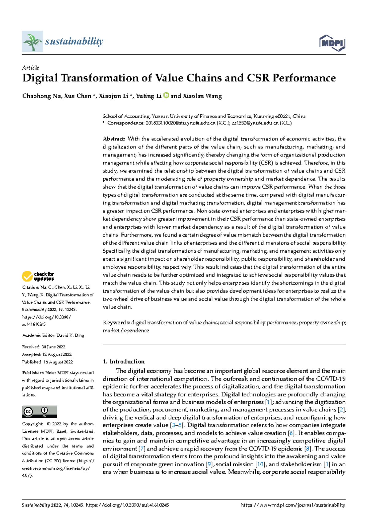 Digital Transformation of Value Chains and CSR Performance (SU141610245 ...