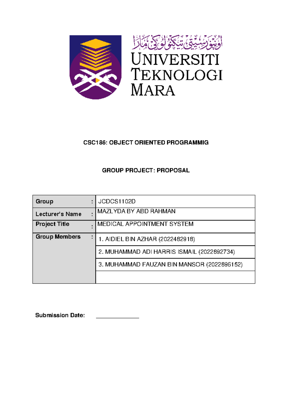 Medical Appointment System Group Project Proposal CSC 186 - Studocu