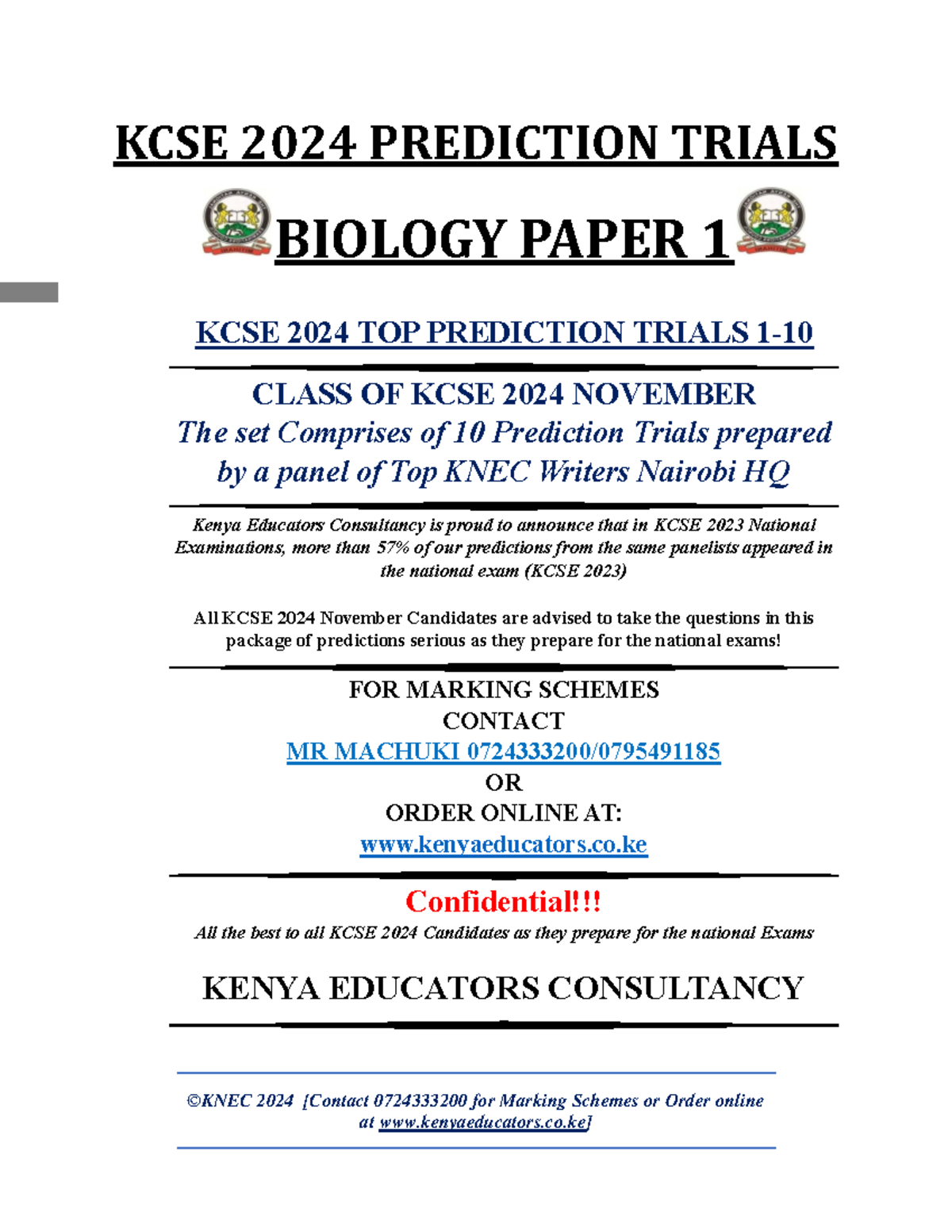 KCSE 2024 Biology Paper 1 Prediction Trials by KNEC - Studocu