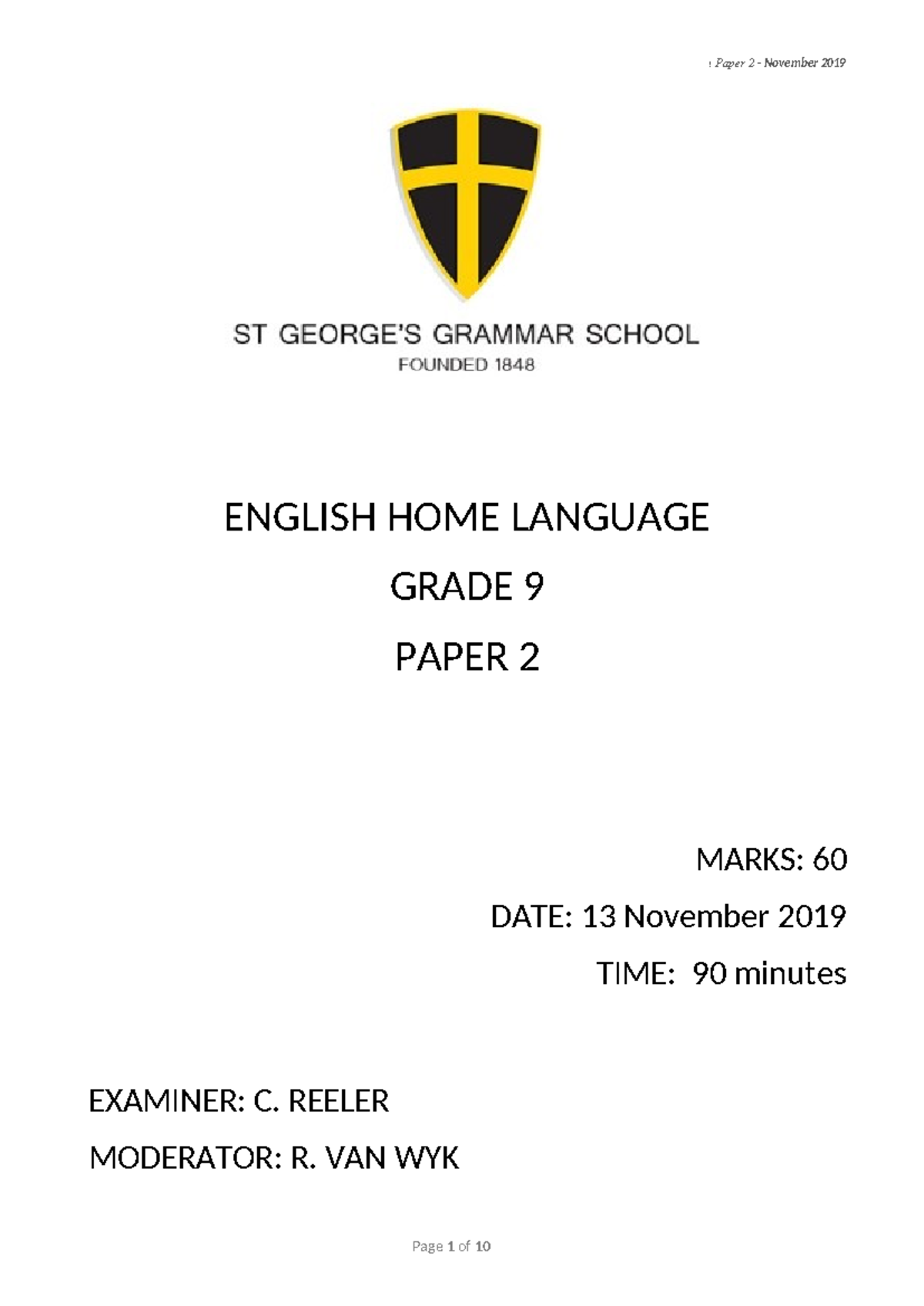Grade 9 Nov Paper 2 2019 - ENGLISH HOME LANGUAGE GRADE 9 PAPER 2 MARKS ...