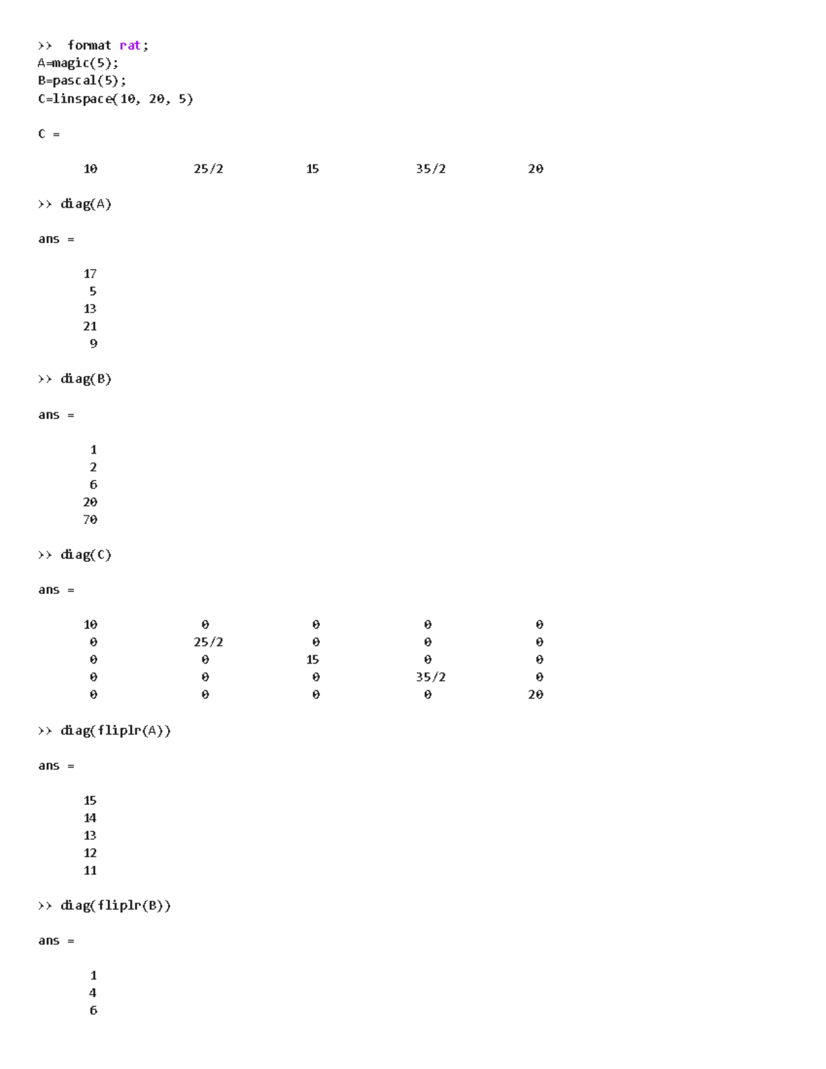 MAT 101 - MATLAB Work Notes and Diagonal Matrix Operations - Studocu
