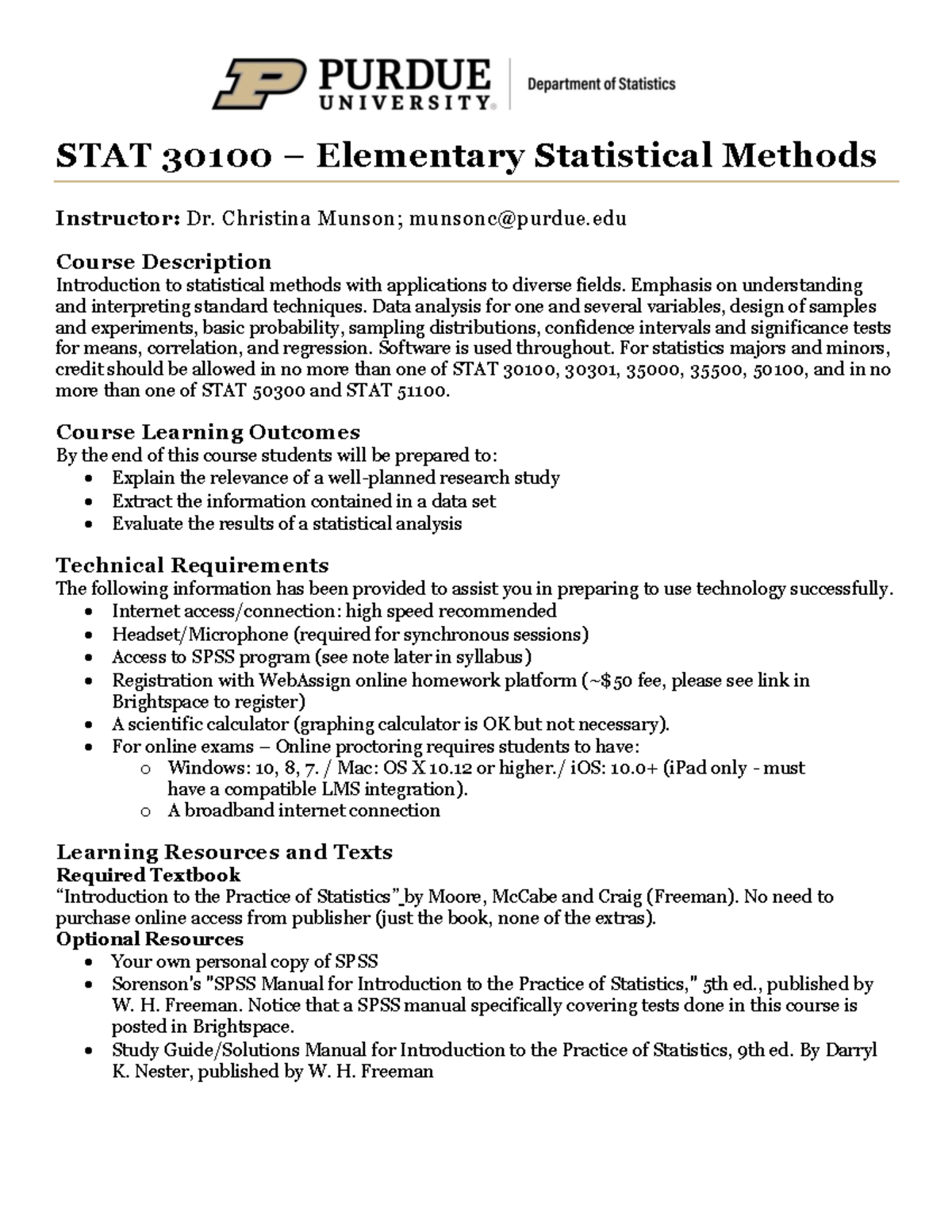 STAT 30100 2024 Syllabus Distance Winter 2024 - STAT 30100 – Elementary ...