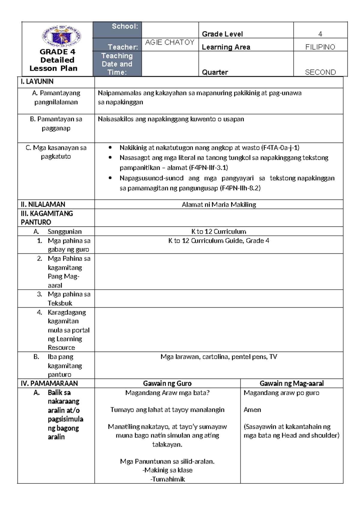 GRADE 4 FILIPINO Detailed Lesson Plan: Alamat ni Maria Makiling - Studocu