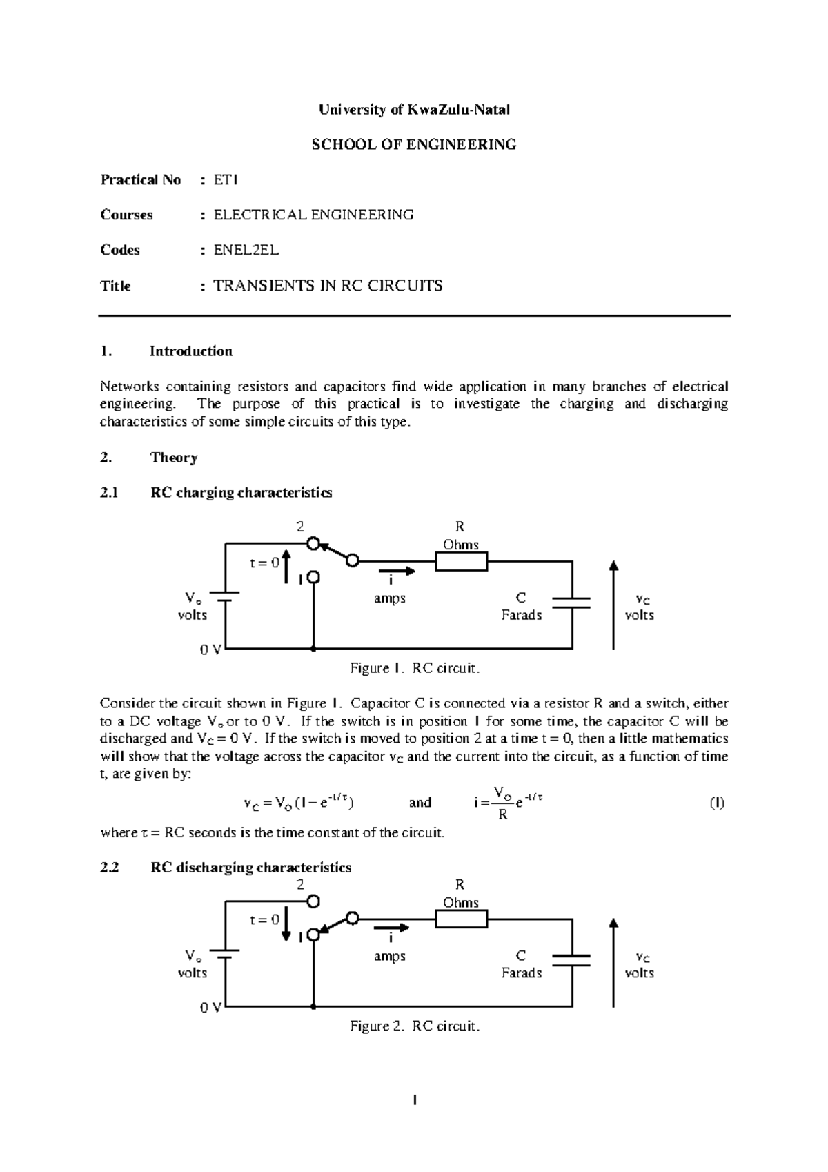 ET1 Practical: Analyzing Transients in RC Circuits (ENEL2EL) - Studocu
