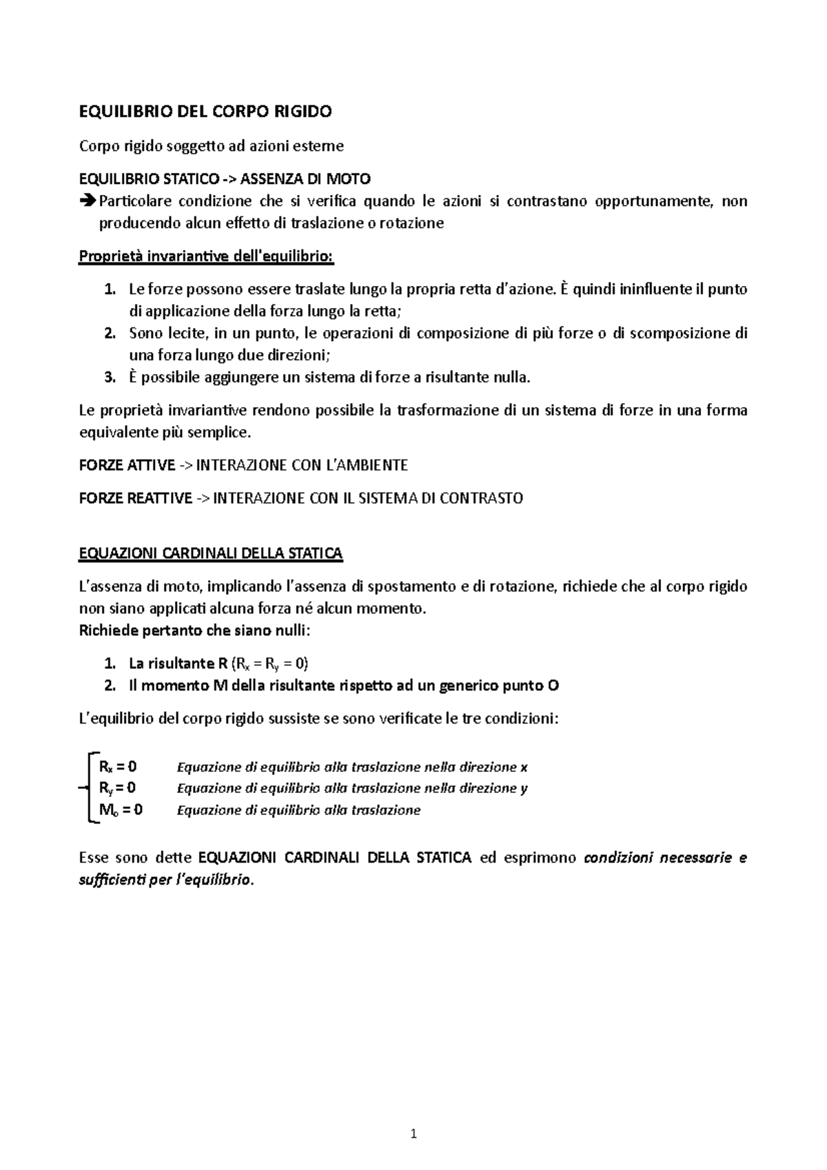 Appunti Statica Equilibrio del corpo rigido, Analisi cinematica ...