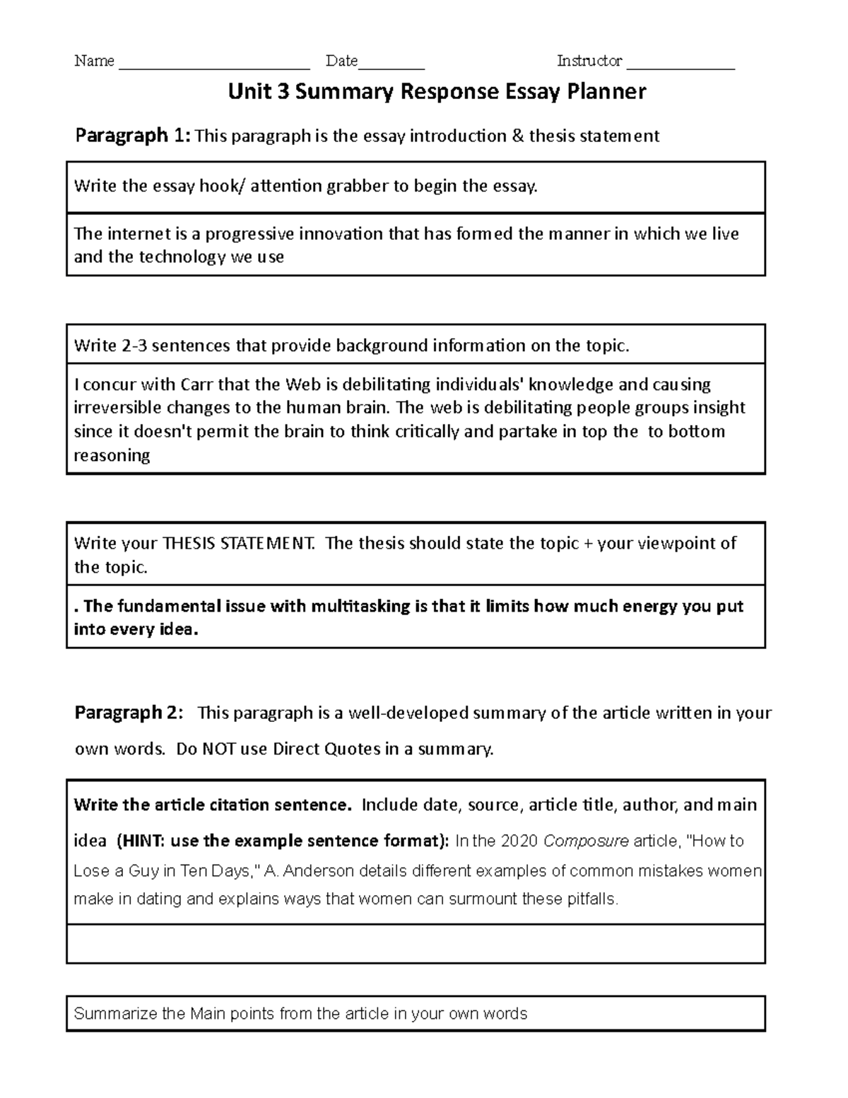 Unit 3 Essay Planner 1 - Summary and response - Name ...