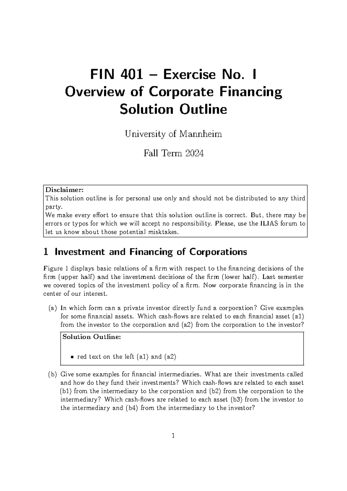 Exercises with sol 1to6 - FIN 401 – Exercise No. I Overview of Corporate Financing Solution ...