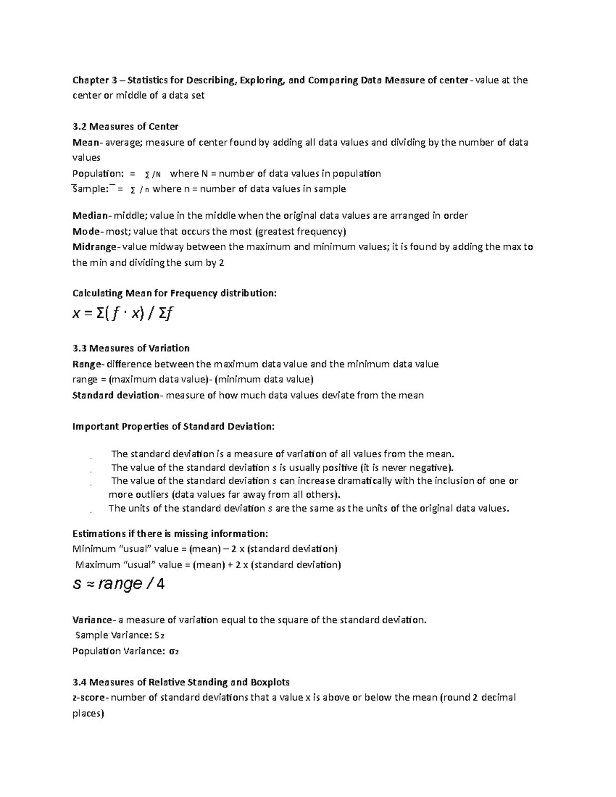 Chapter 3 Statistics - Lecture Notes on Measures of Center & Variation ...
