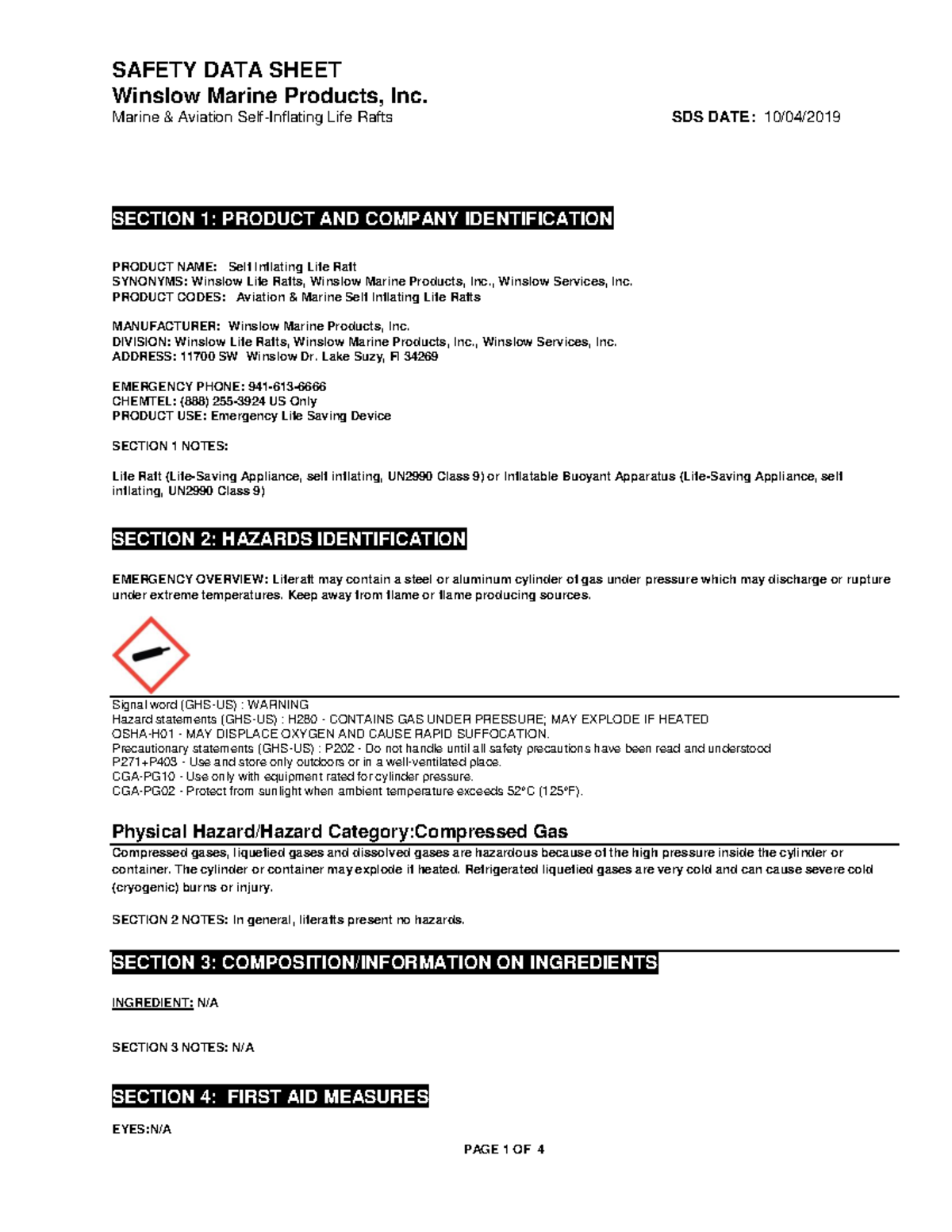 Self-Inflating Life Raft MSDS for Winslow Marine Products (Rev 10/04 ...