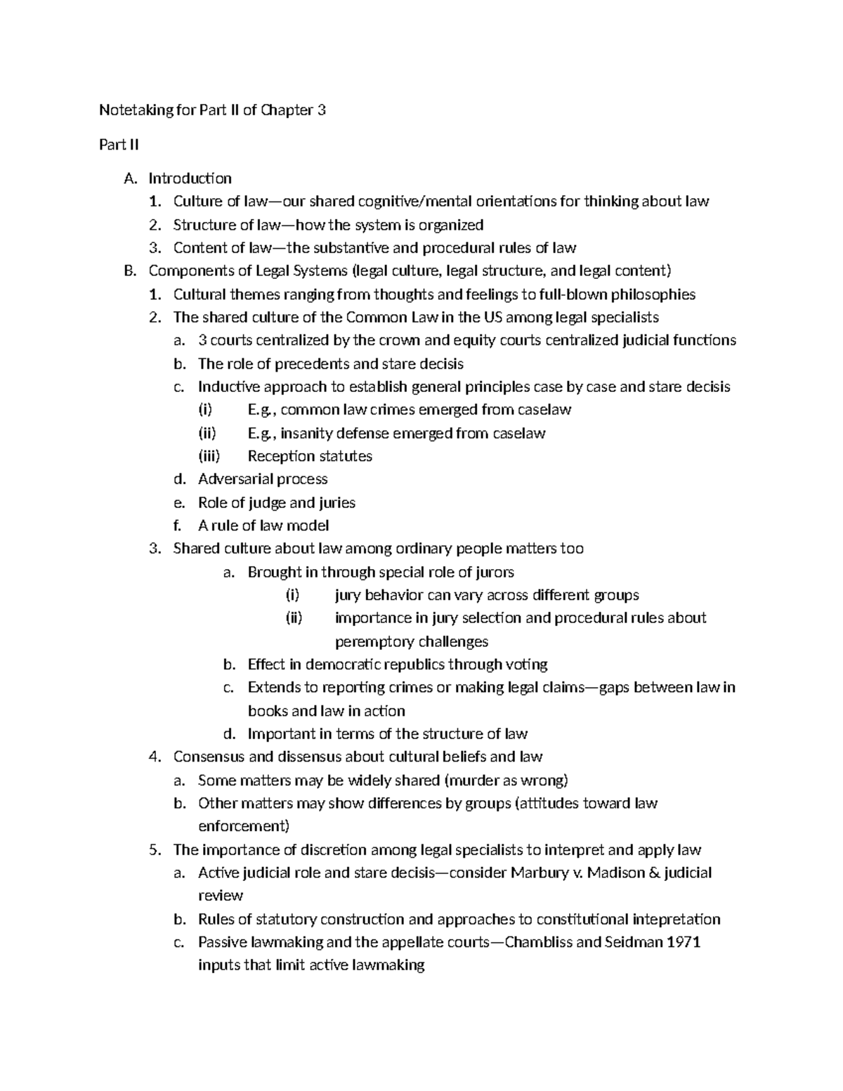 Legal Systems and Culture: Overview of Chapter 3 - Part II Analysis - Studocu