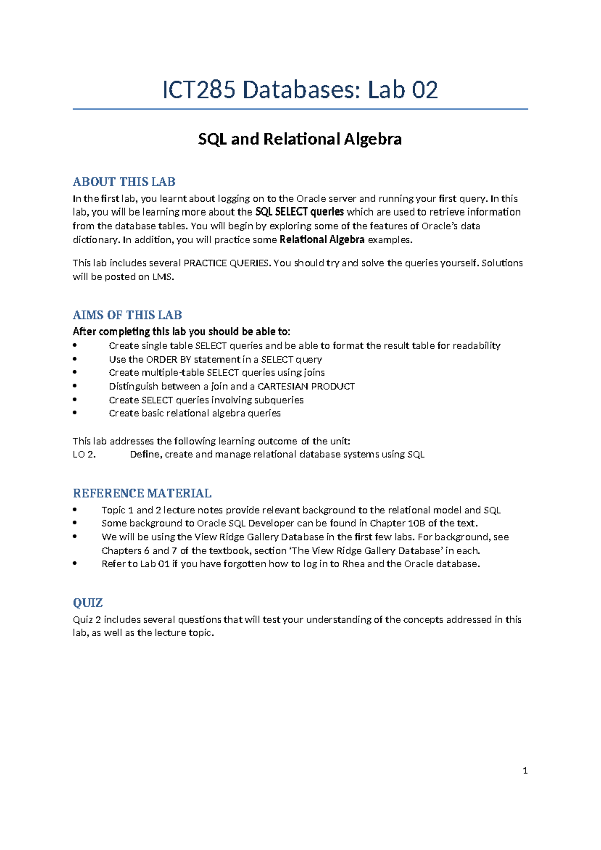 ICT285 Databases: Lab 02 SQL & Relational Algebra Practice - Studocu