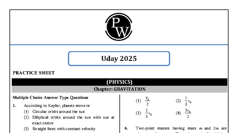 Gravitation Practice Sheet (PHYSICS) - MCQ & Answer Key - Studocu