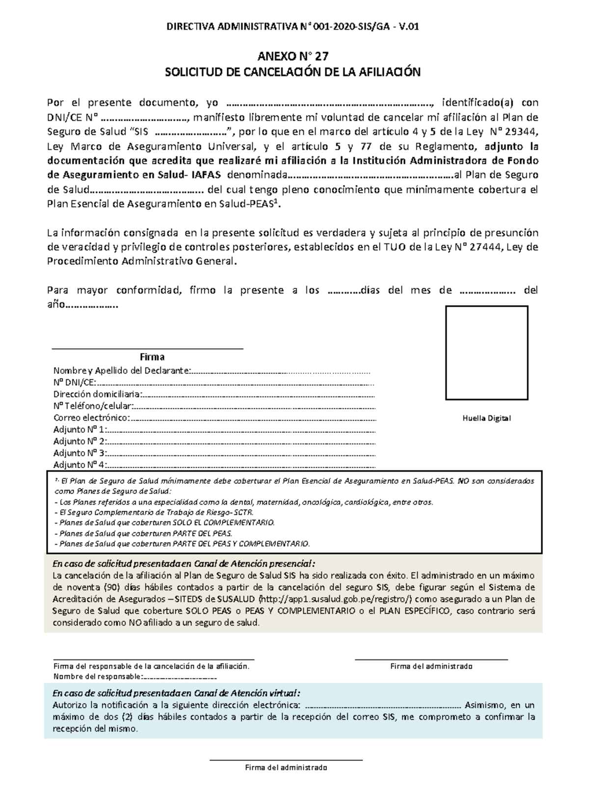 Solicitud de Cancelación de Afiliación - Anexo 27 - Directiva N° 001 ...