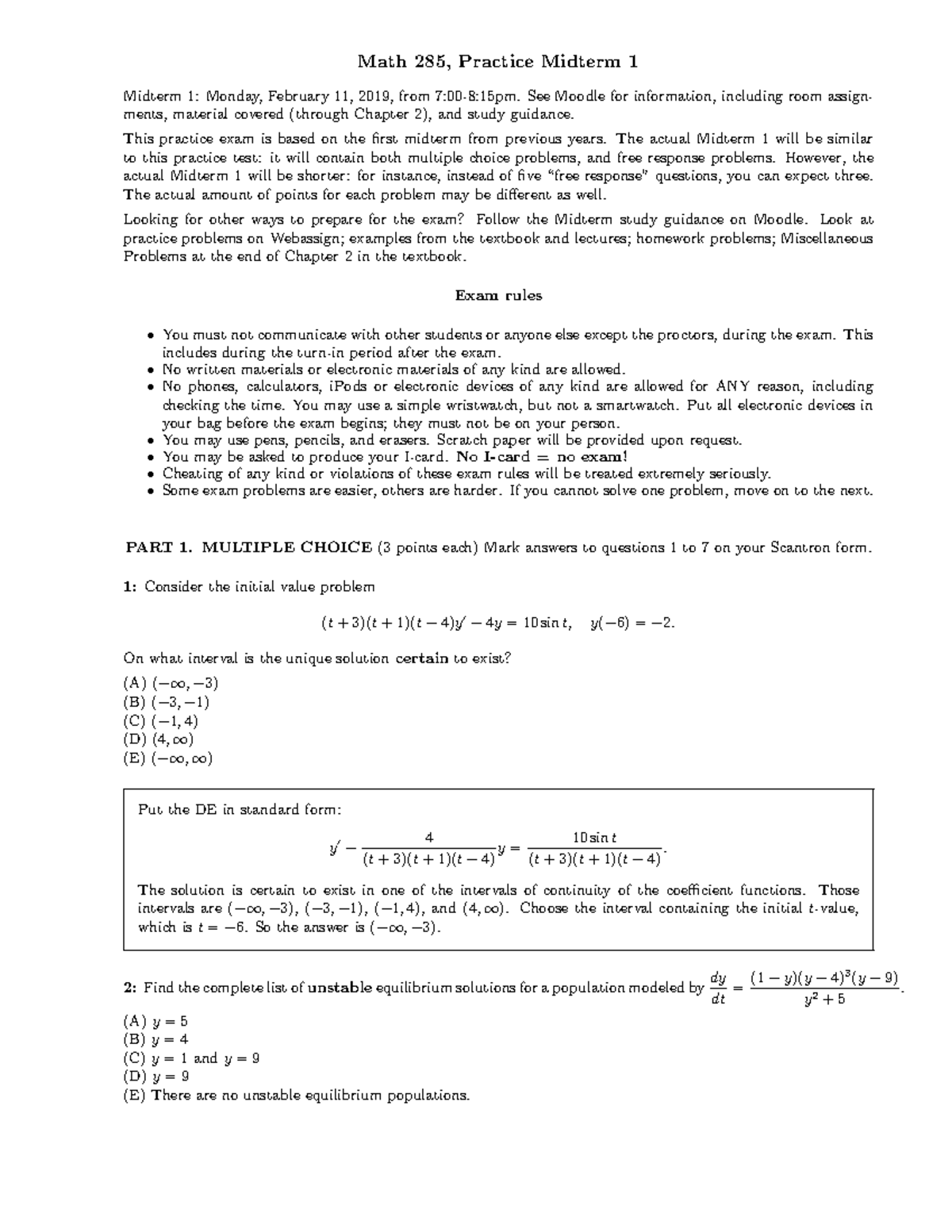 Math 285 Practice Midterm 1 Solutions & Study Guide - Studocu