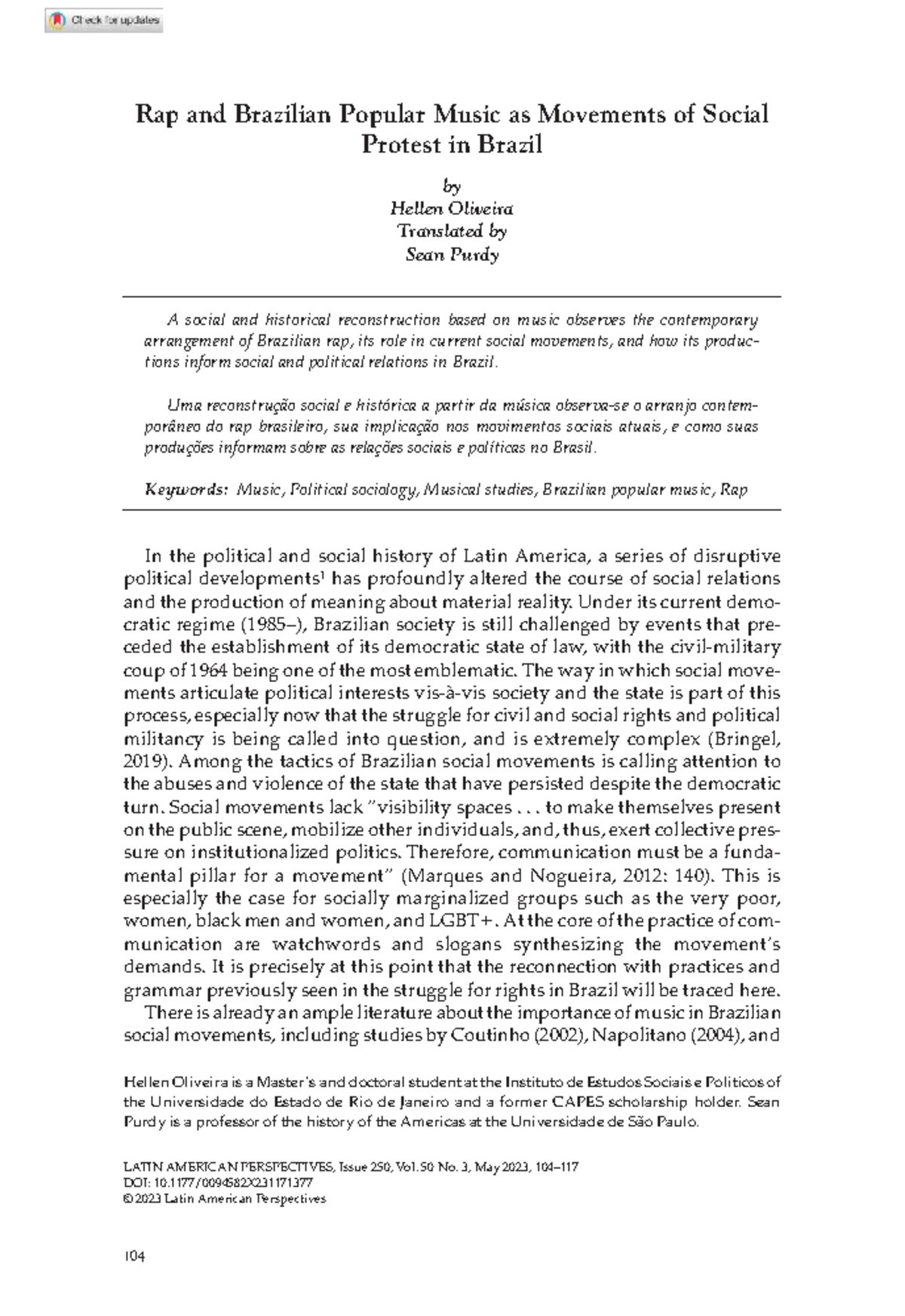 1171377 Rap and Brazilian Popular Music as Social Protest Movements ...
