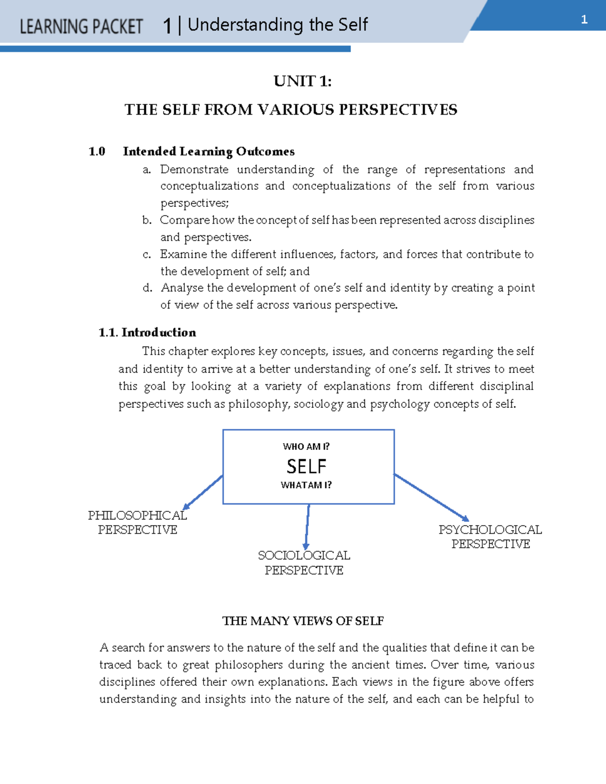 LP1 GE 1 Understanding the Self - 1 | Understanding the Self UNIT 1: THE SELF FROM VARIOUS - Studocu
