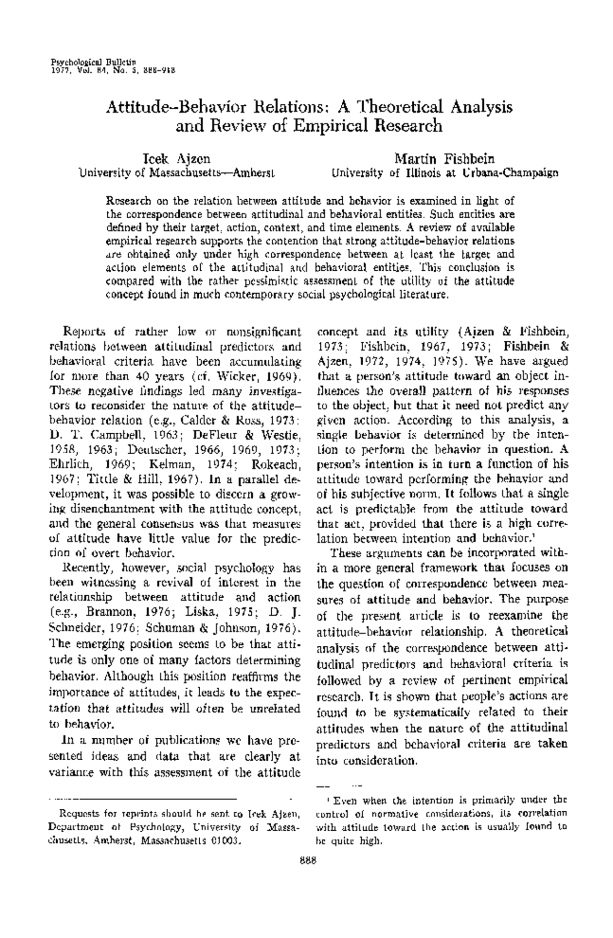 Ajzen Fishbein 1977 TACT attitude behaviour optional reading ...