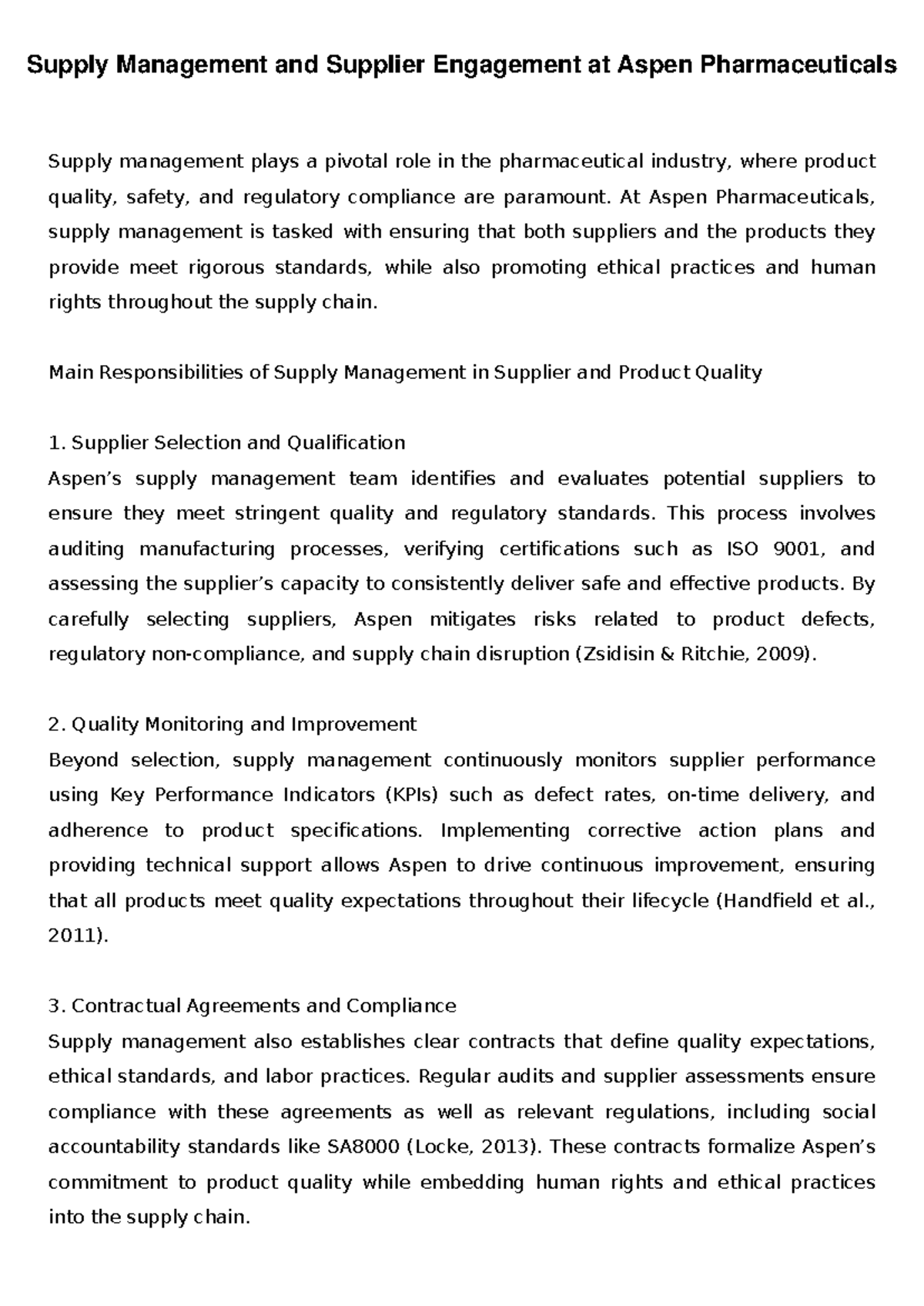 Aspen Pharmaceuticals Supply Management Essay: Quality & Ethics Focus ...