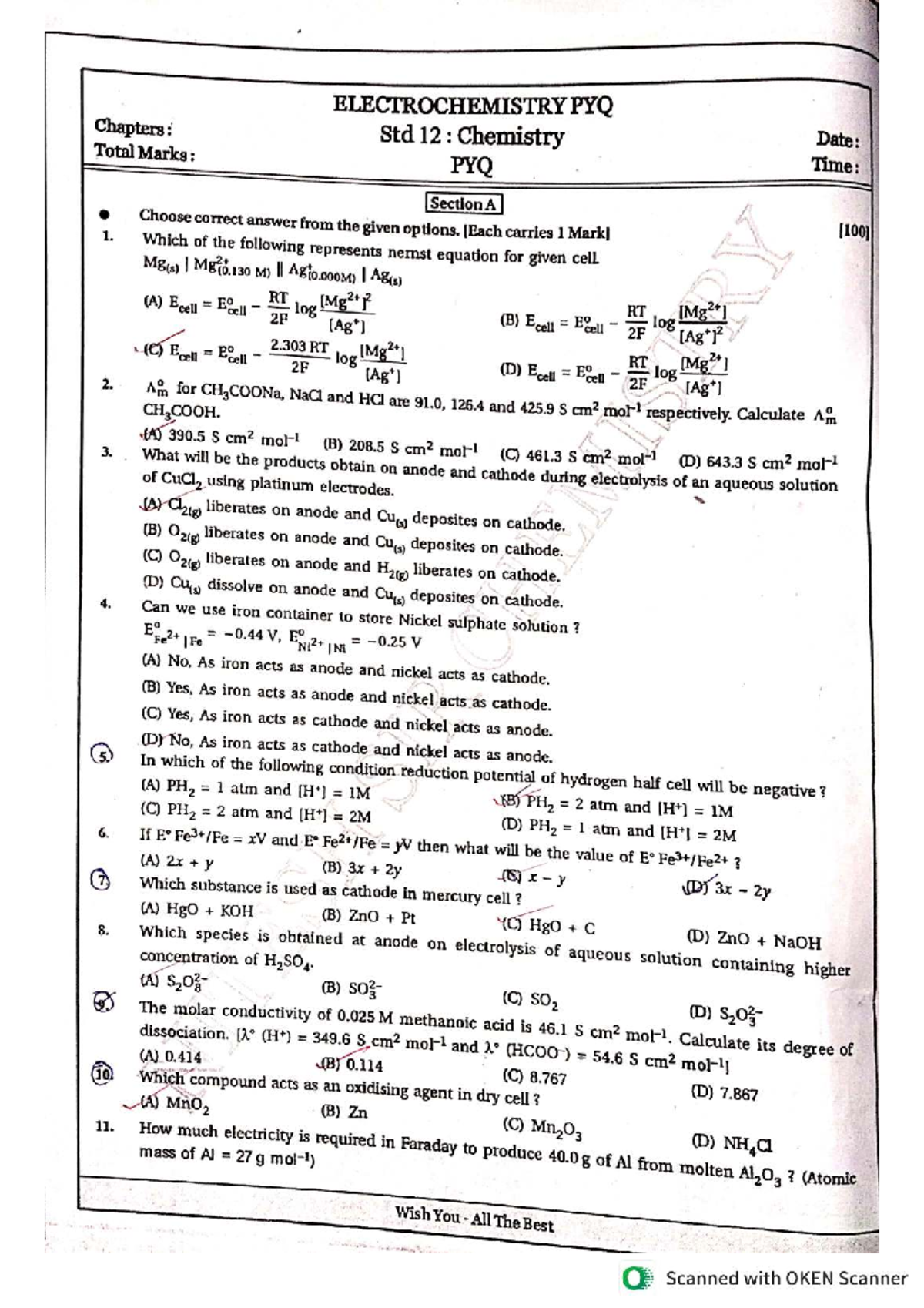 Electrochemistry PYQ: Std 12 Chemistry Final Exam Questions - Studocu