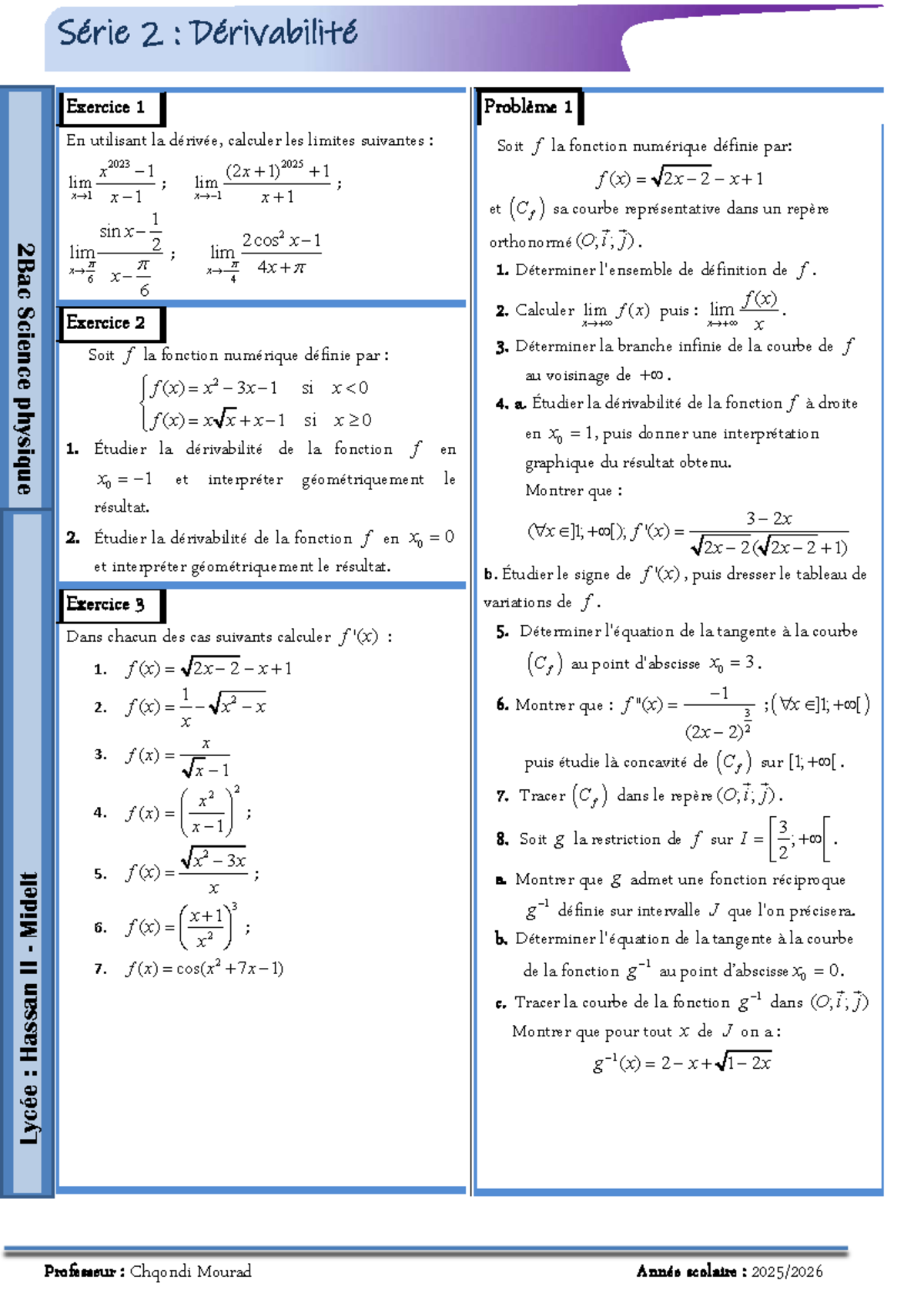 Série 2-3 : Dérivabilité et Étude de Fonctions - Bac Science Physique ...