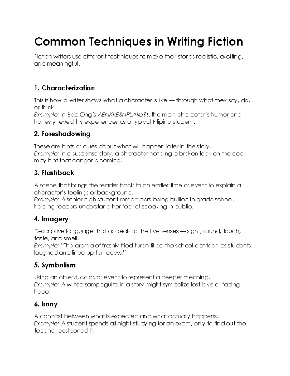 Techniques in Writing Fiction: Key Concepts and Examples - Studocu