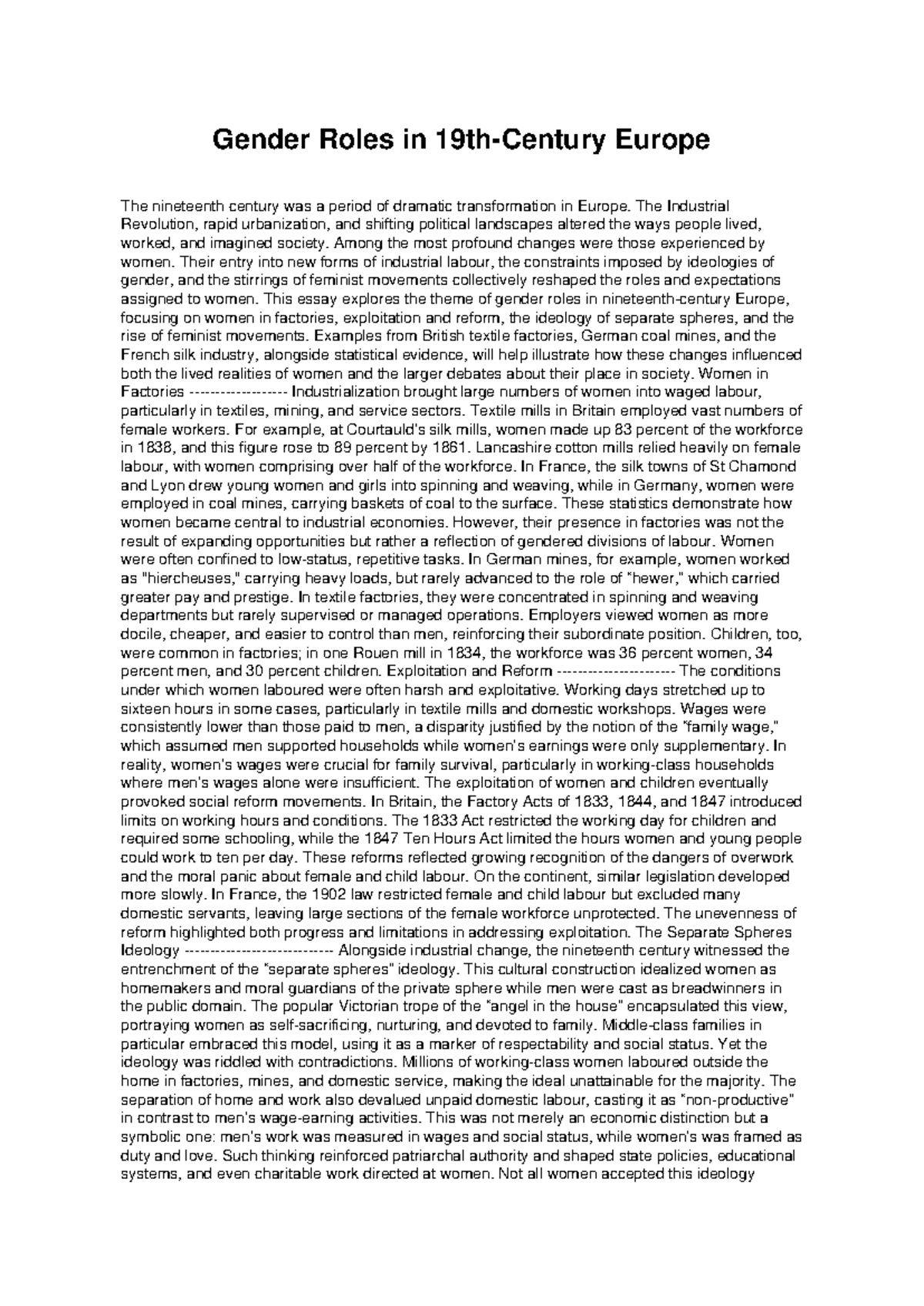 Gender Roles in 19th Century Europe: An Essay Analysis - Studocu