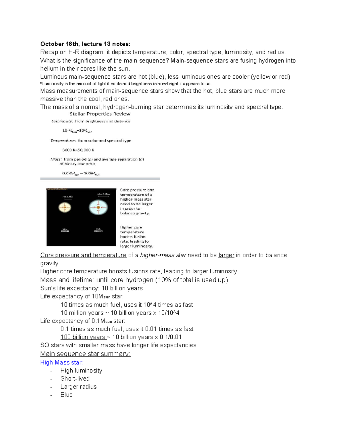 Astron 103 Lecture 13 Notes: Main Sequence Stars & Their Properties ...