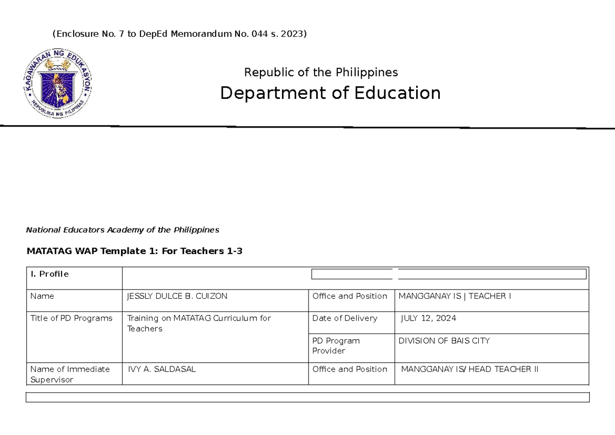 MATATAG WAP Sample for Teachers - DepEd Memo 044 s. 2023 - Studocu
