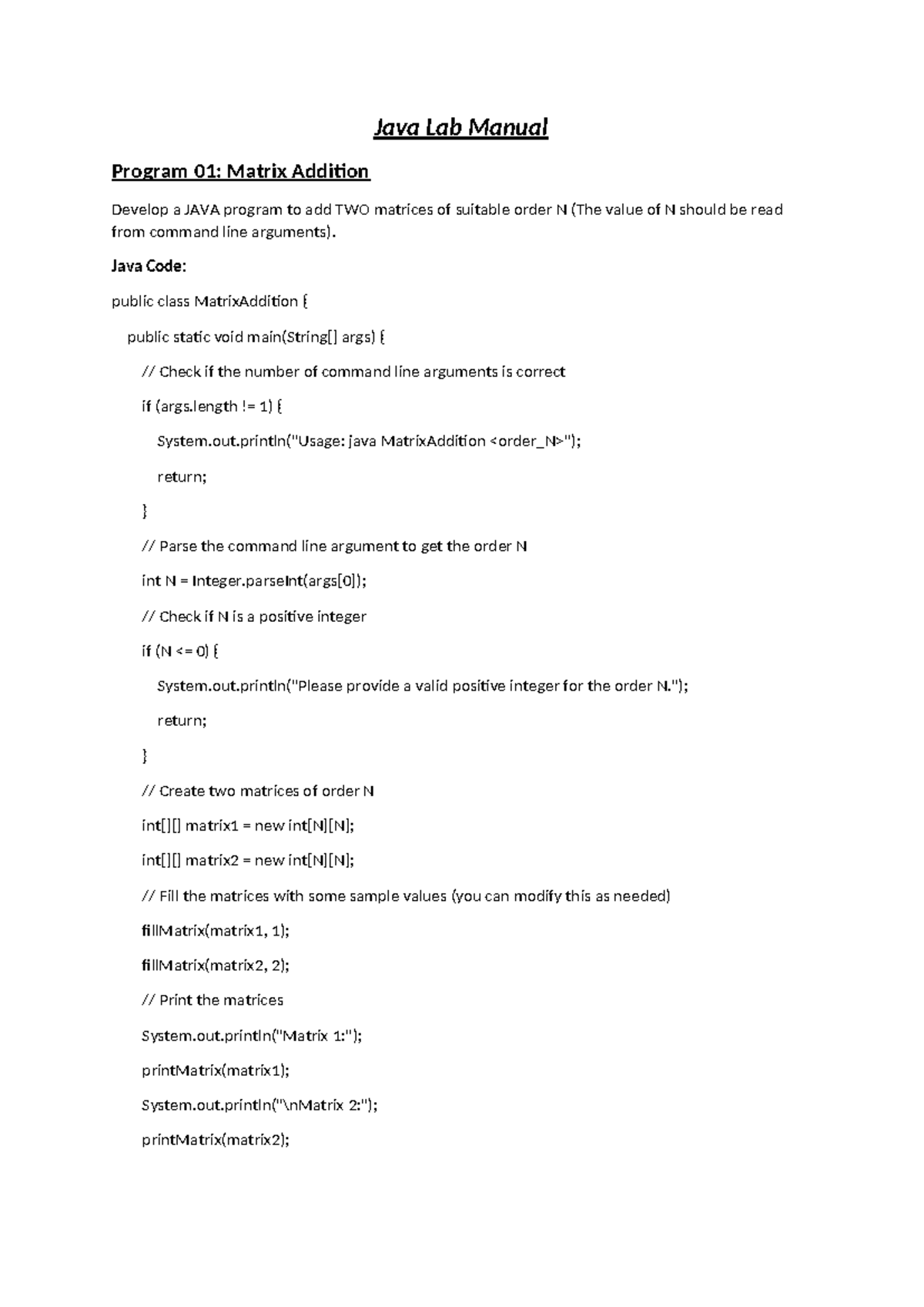 Java Lab Manual - Programs on Matrix Addition, Stack Ops, and More ...