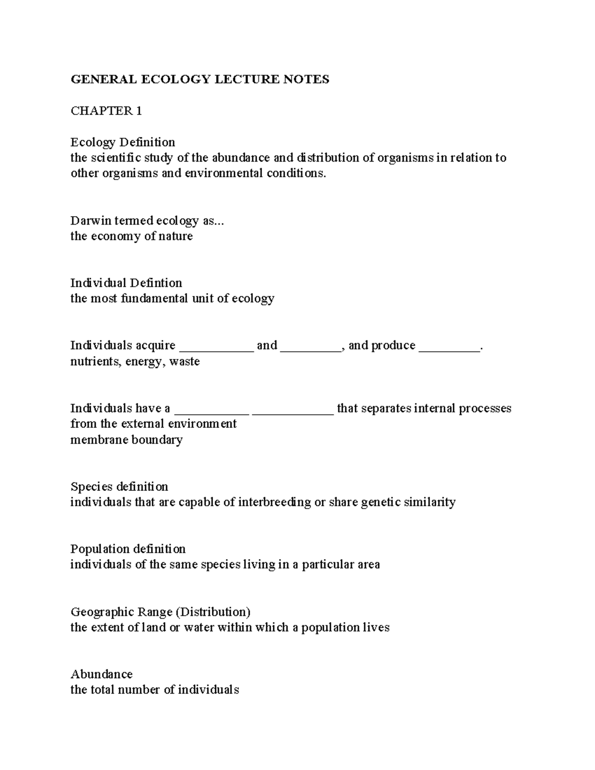 General Ecology (BIO 101) Lecture Notes: Key Concepts Overview - Studocu