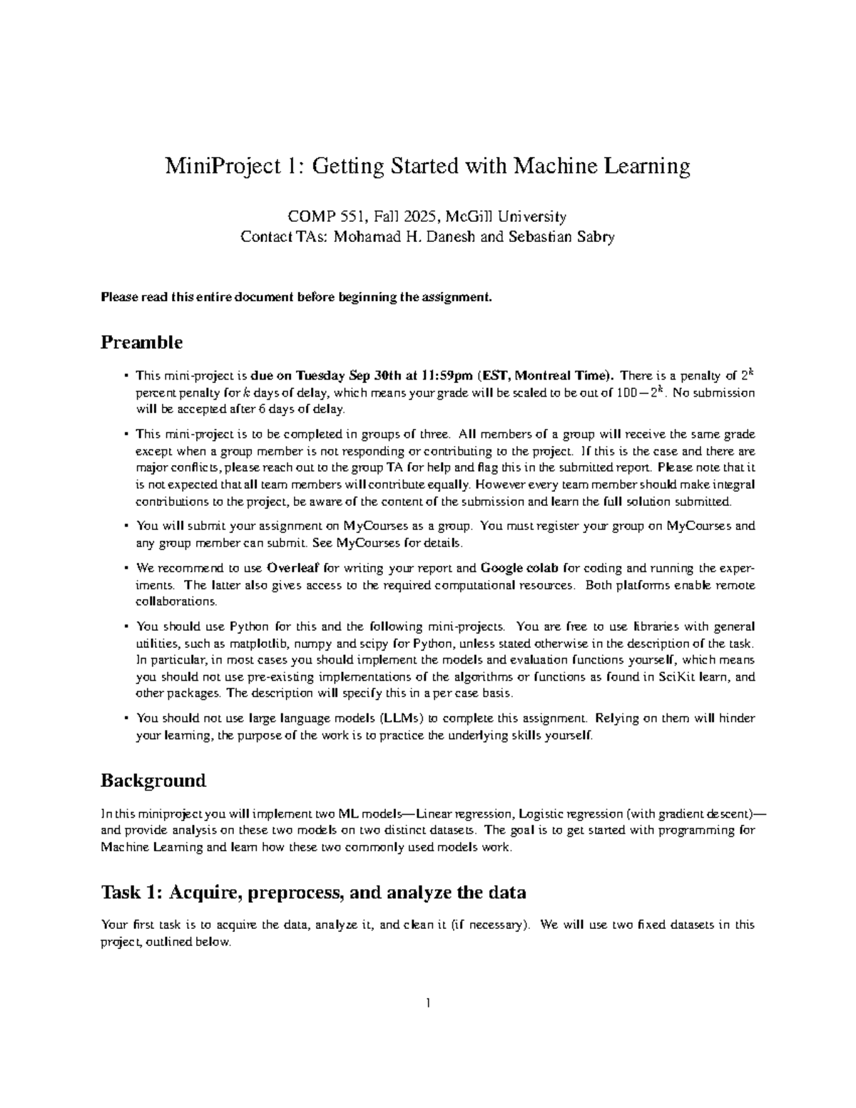 COMP 551 MiniProject 1: Intro to ML with Regression & Classification - Studocu